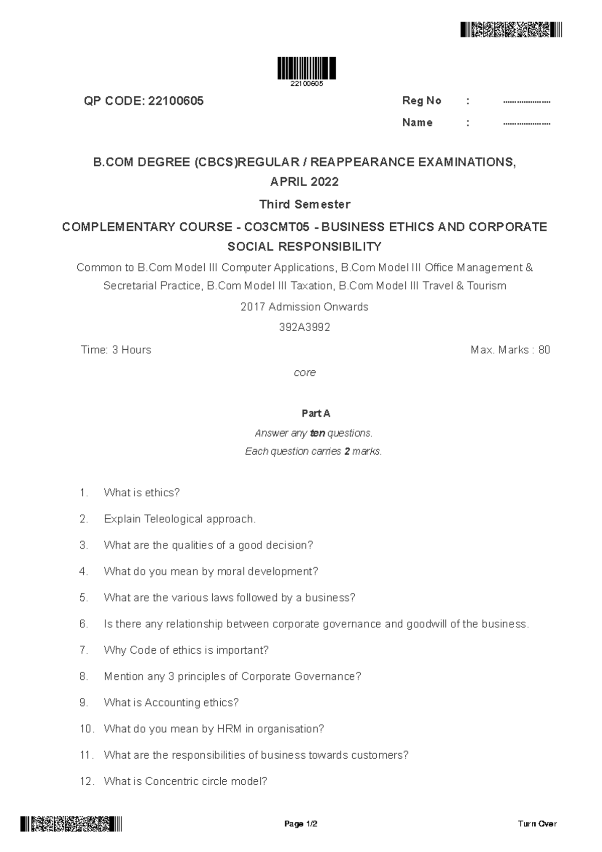 - Business Ethics AND Corporate Social Responsibility-1 - QP CODE ...