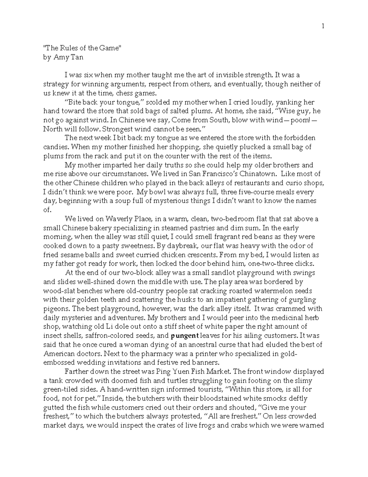 The Rules Of The Game Short Story The Rules Of The Game By Amy Tan