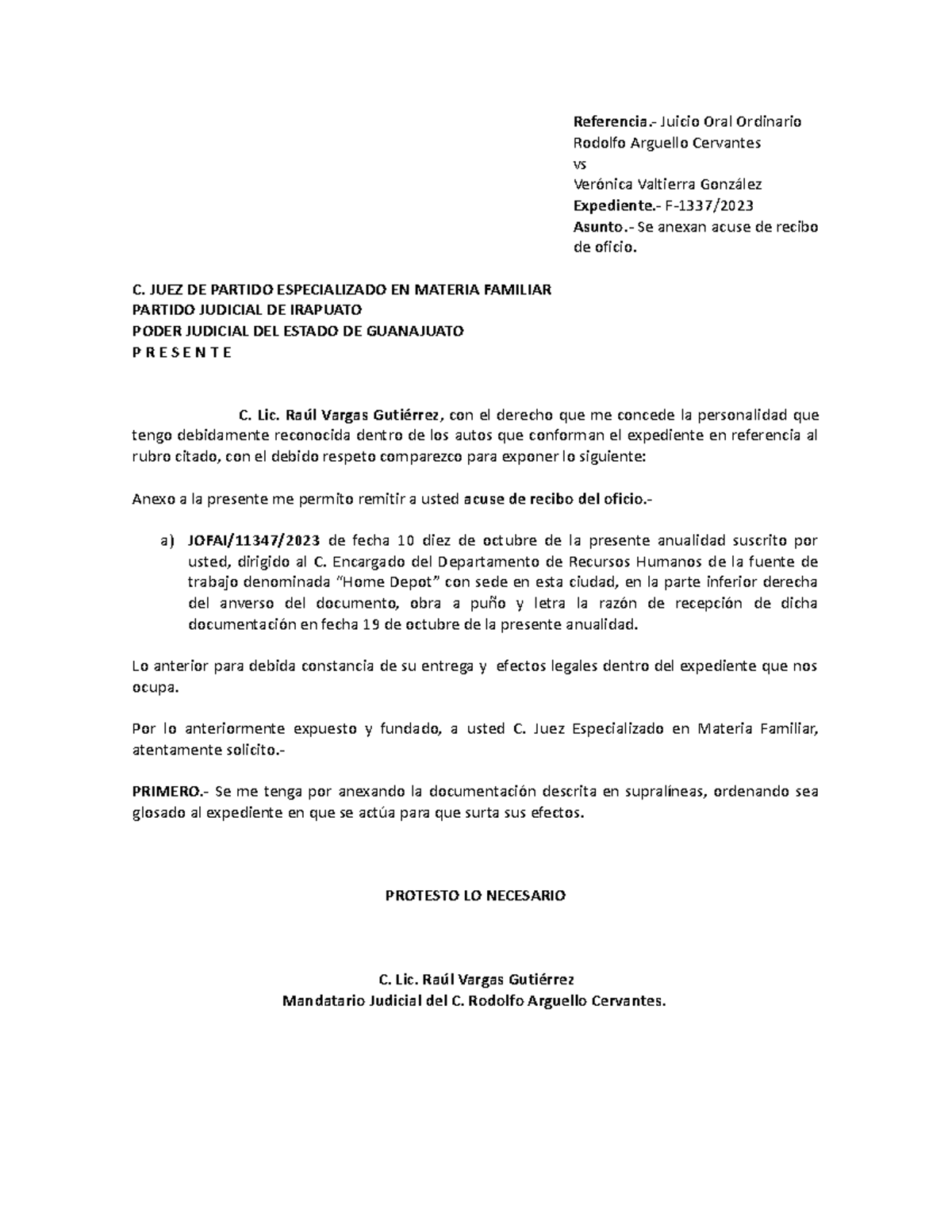 Oficio.- Se anexa Acuse de recibido de oficio - Referencia.- Juicio ...