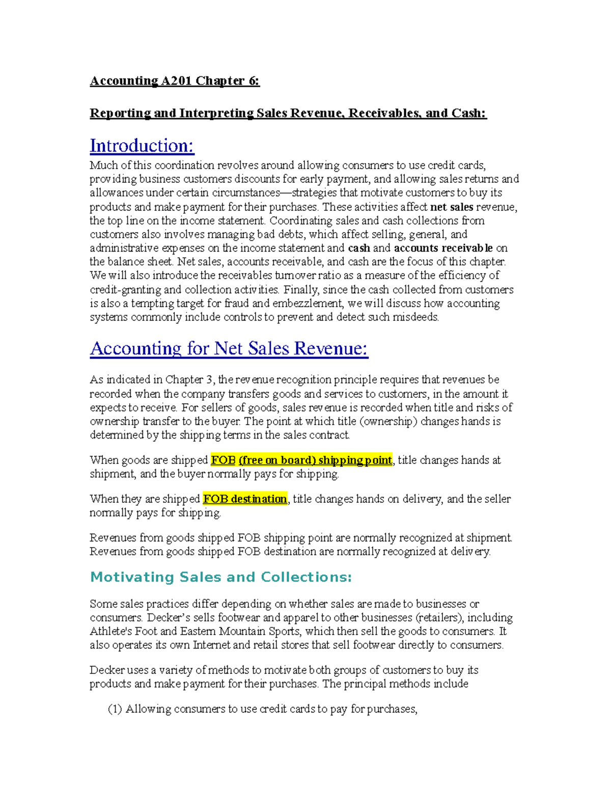 Accounting Chapter 6 Notes - Accounting A201 Chapter 6: Reporting and ...