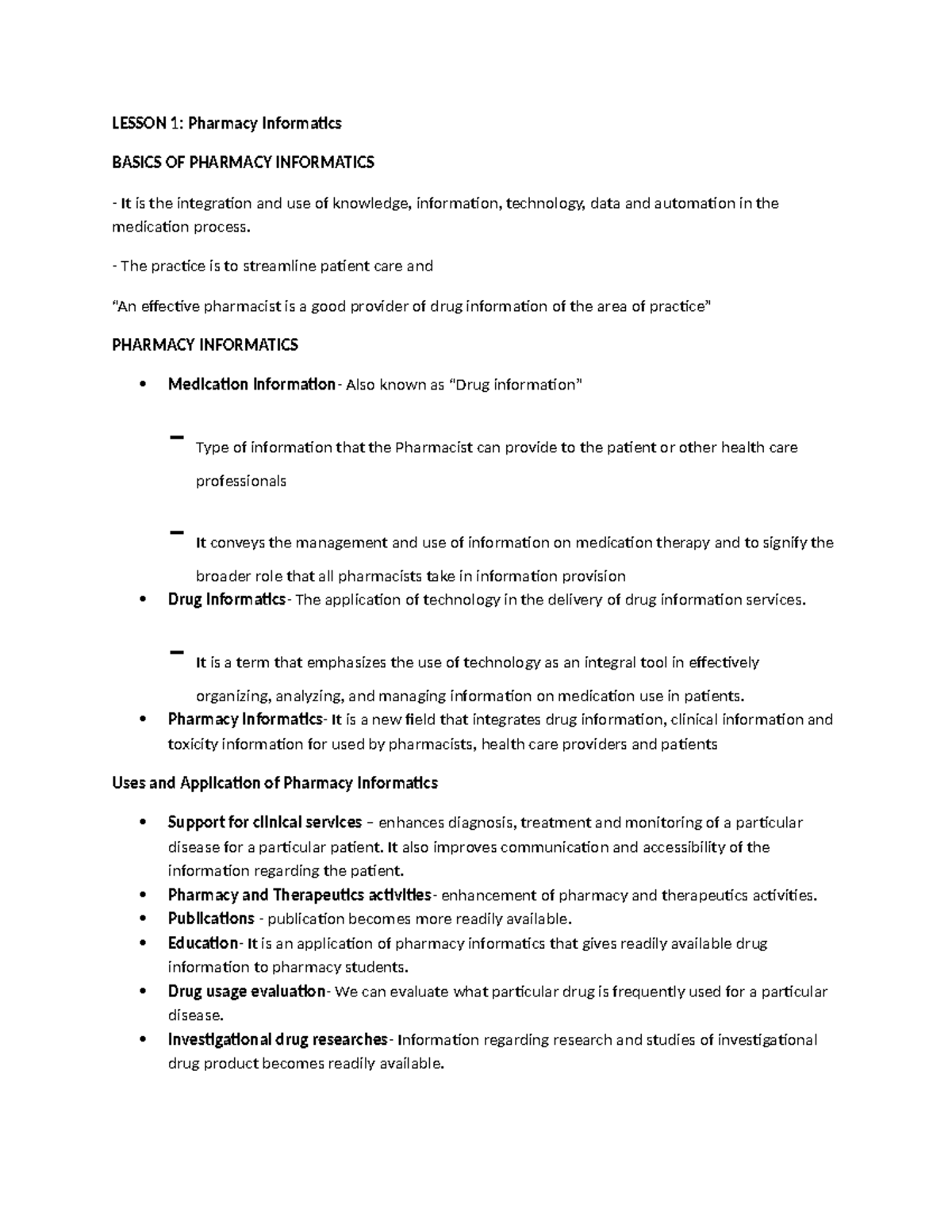 Phar reviewersderrewaq - LESSON 1: Pharmacy Informatics BASICS OF PHARMACY INFORMATICS It is the ...