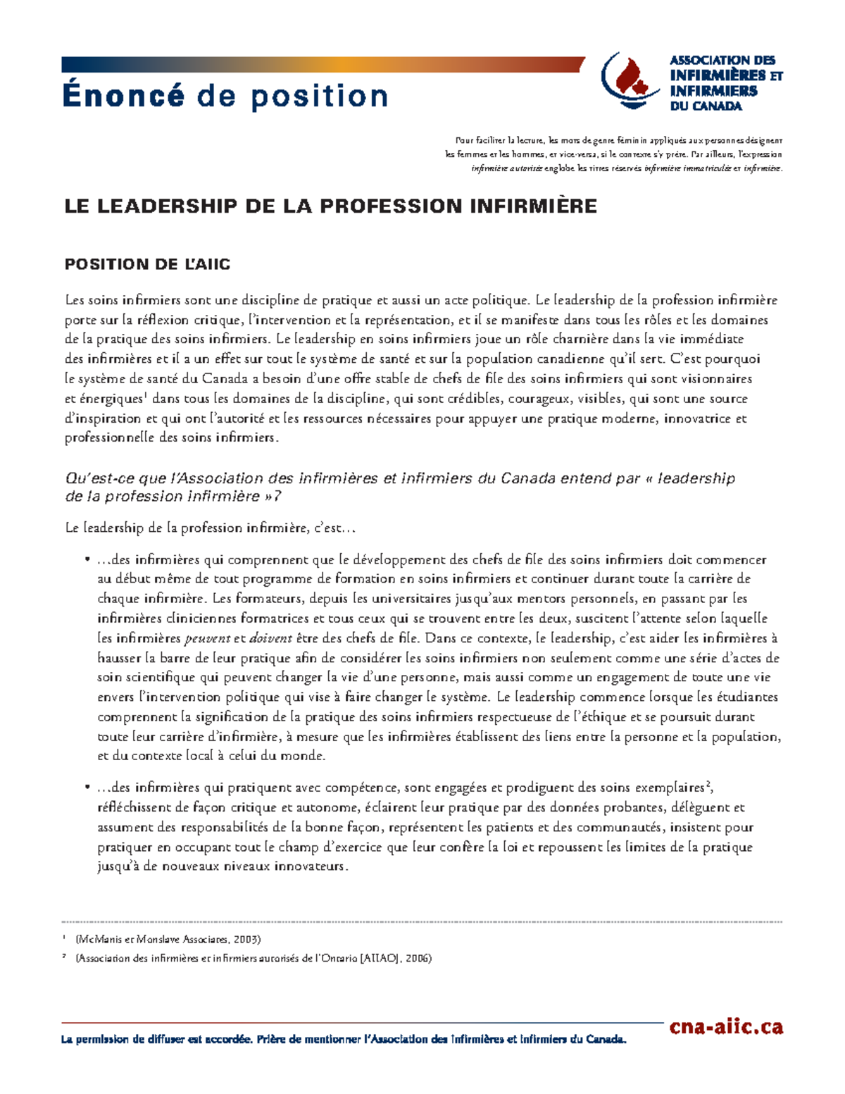 AIIC, 2009 .Le leadership de la profession infirmiere enonce de ...