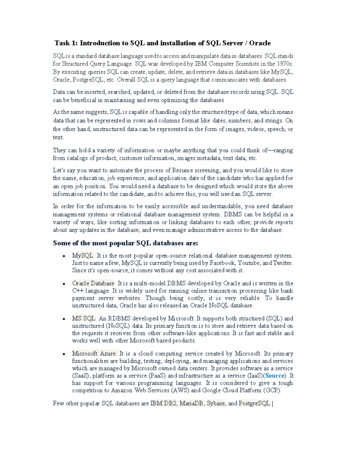 Dbms1 - first lab - Task 1: Introduction to SQL and installation of SQL Server / Oracle SQL is a ...