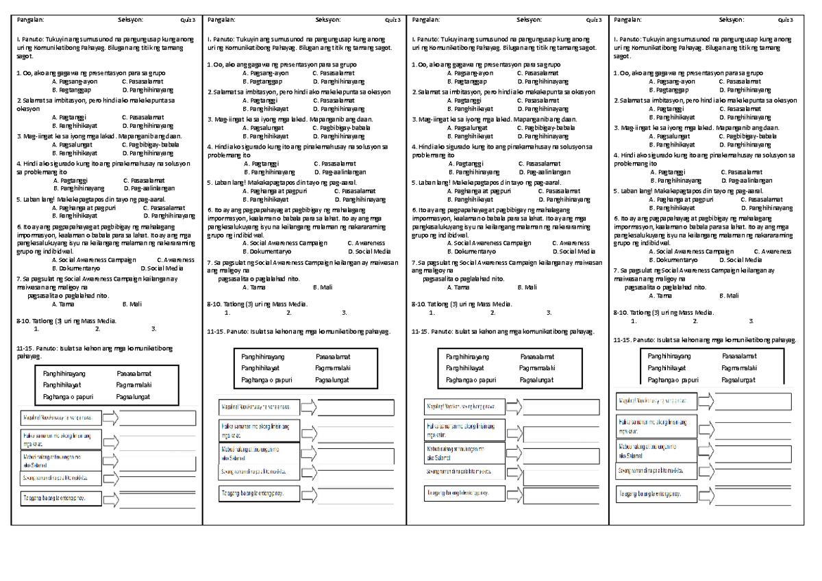 Quiz 3 - None - Pangalan: Seksyon: Quiz 3 I. Panuto: Tukuyin ang sumusunod na pangungusap kung ...