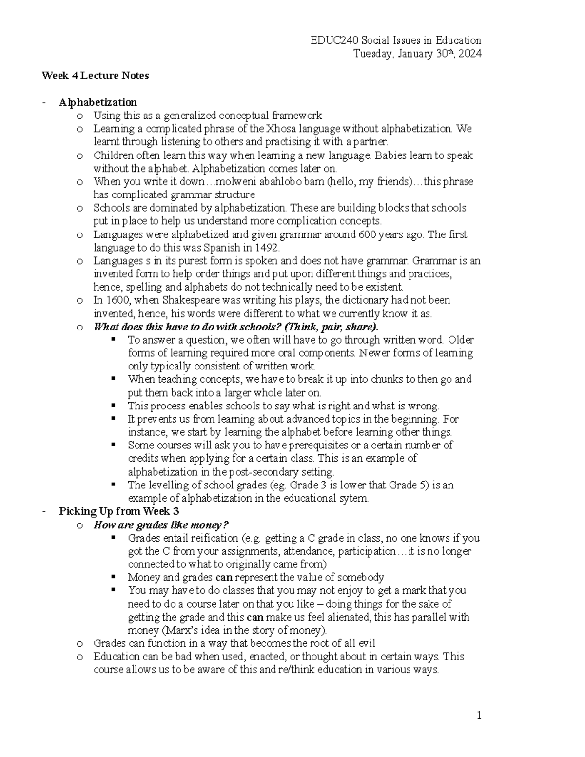 Class Notes Lecture 4 EDUC 240 - EDUC240 Social Issues in Education ...