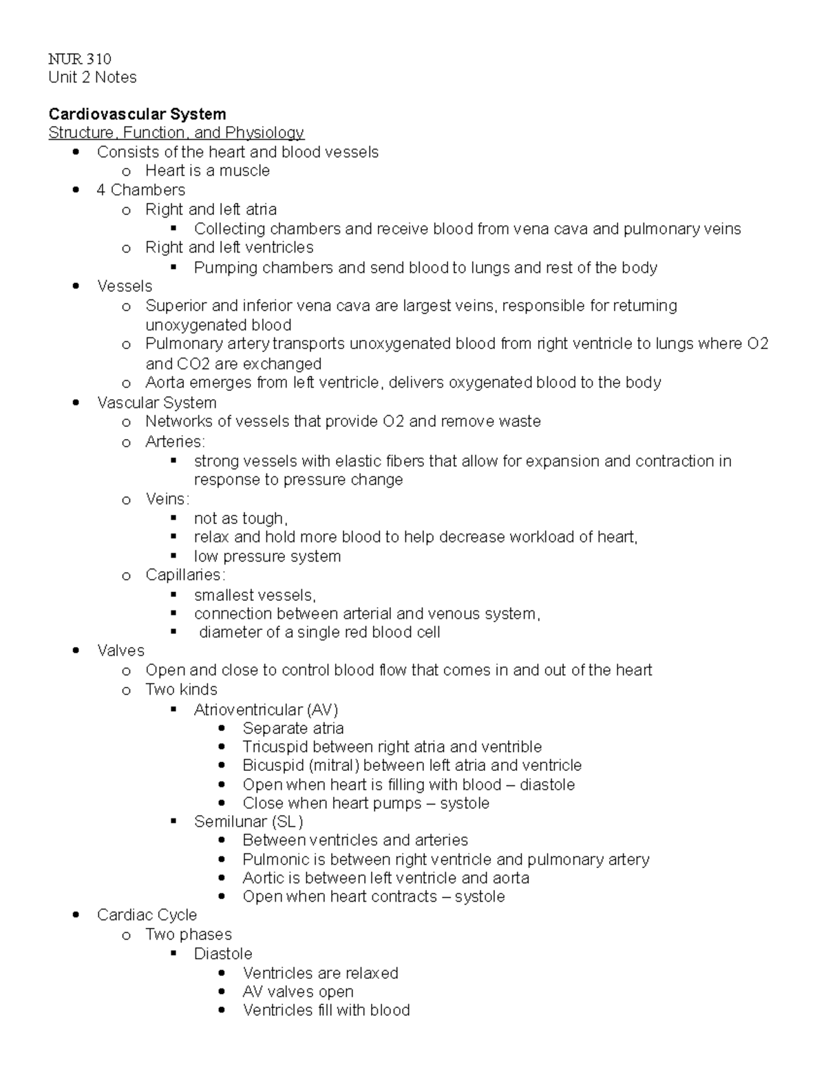 Unit 2 Notes - Unit 2 Notes Cardiovascular System Structure, Function ...