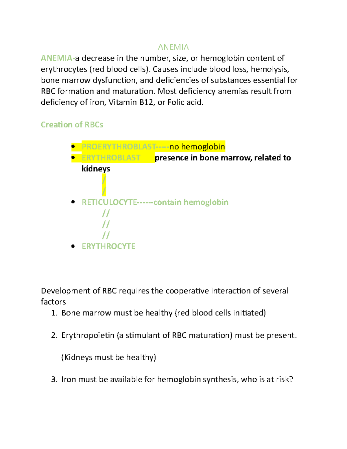 Anemia - N/A - ANEMIA ANEMIA-a decrease in the number, size, or ...