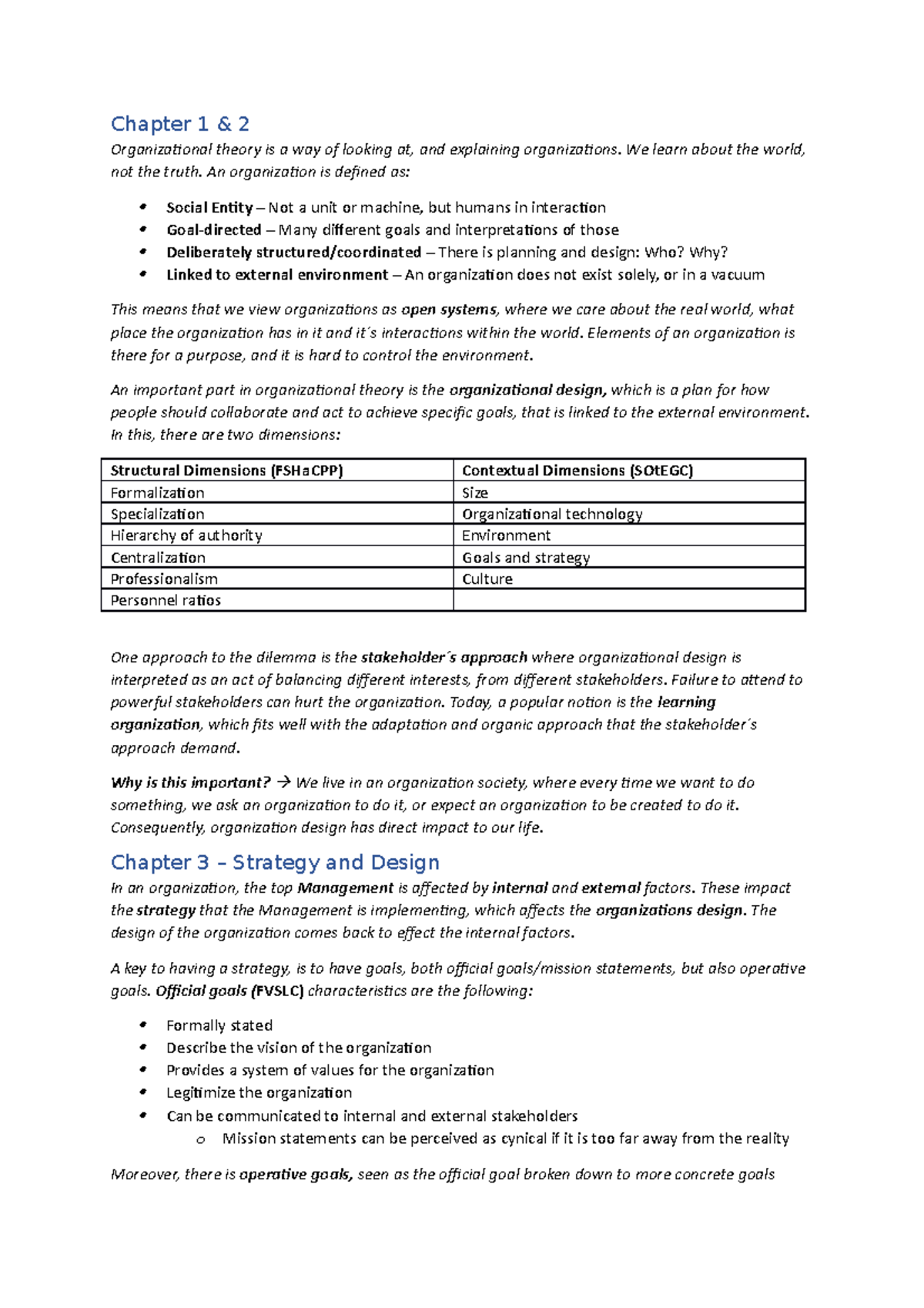 Notes for Strategic Organizing - Chapter 1 & 2 Organizational theory is ...