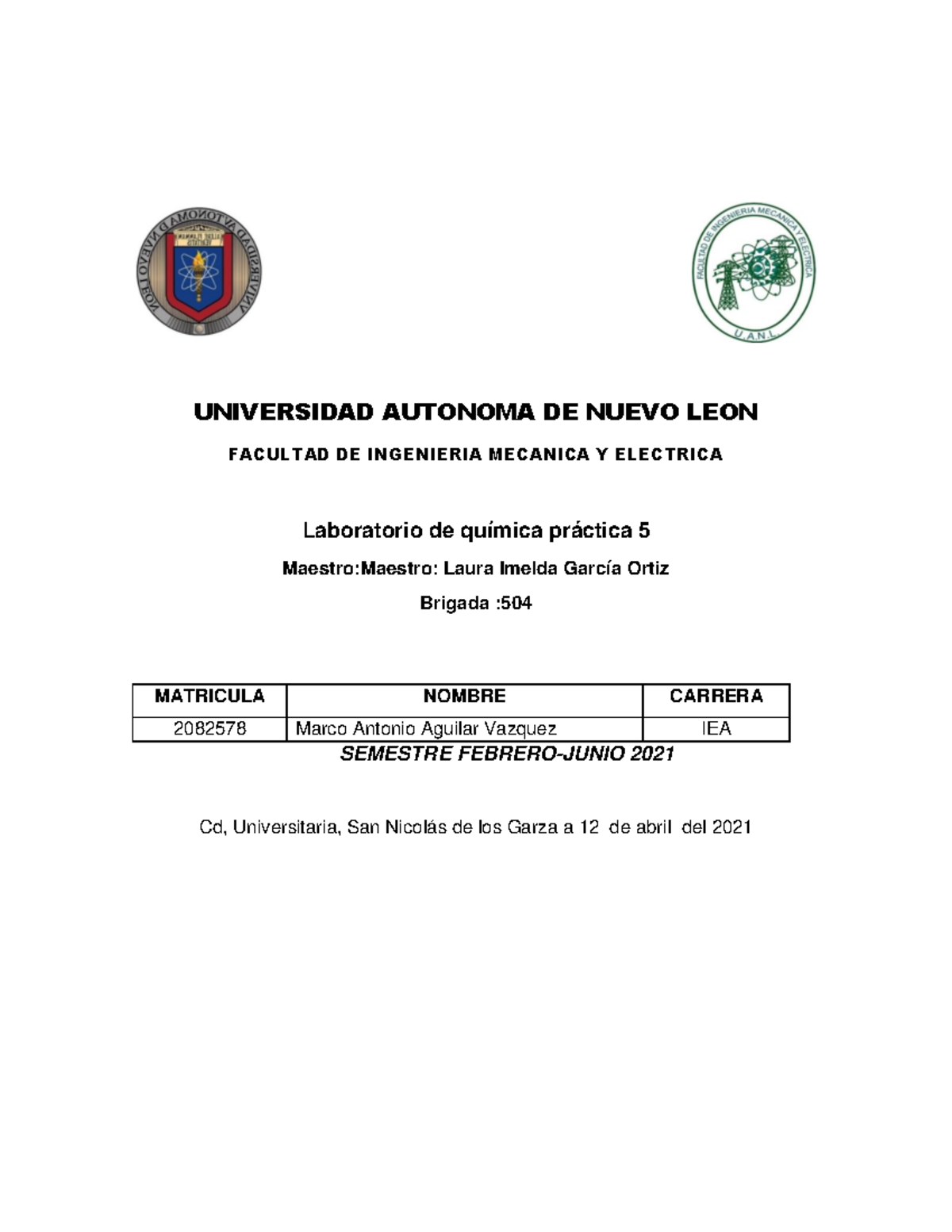 Practica 5 Laboratorio De Quimica Universidad Autonoma De Nuevo Leon