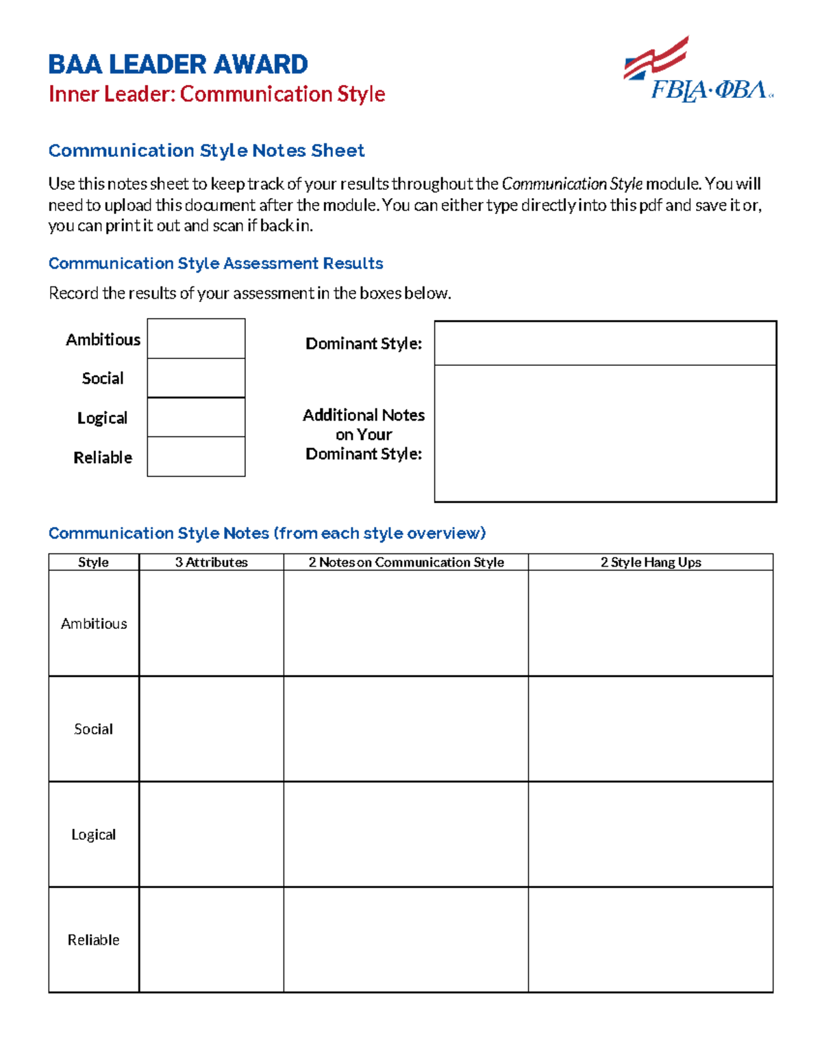 Communication Style Notes Sheet - BAA LEADER AWARD Inner Leader ...