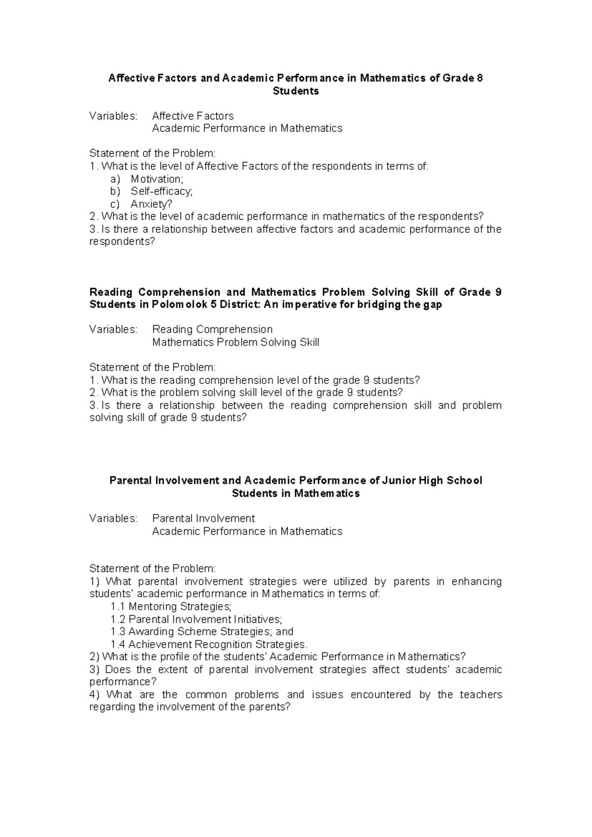 Math Research Titles SOP - Affective Factors and Academic Performance ...