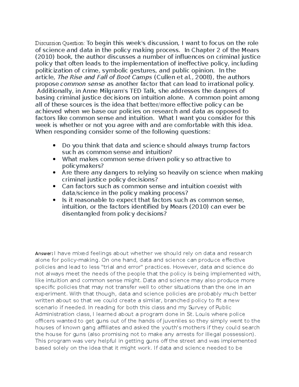 Discussion - Science and Data in CJ decisions - Discussion Question: To ...
