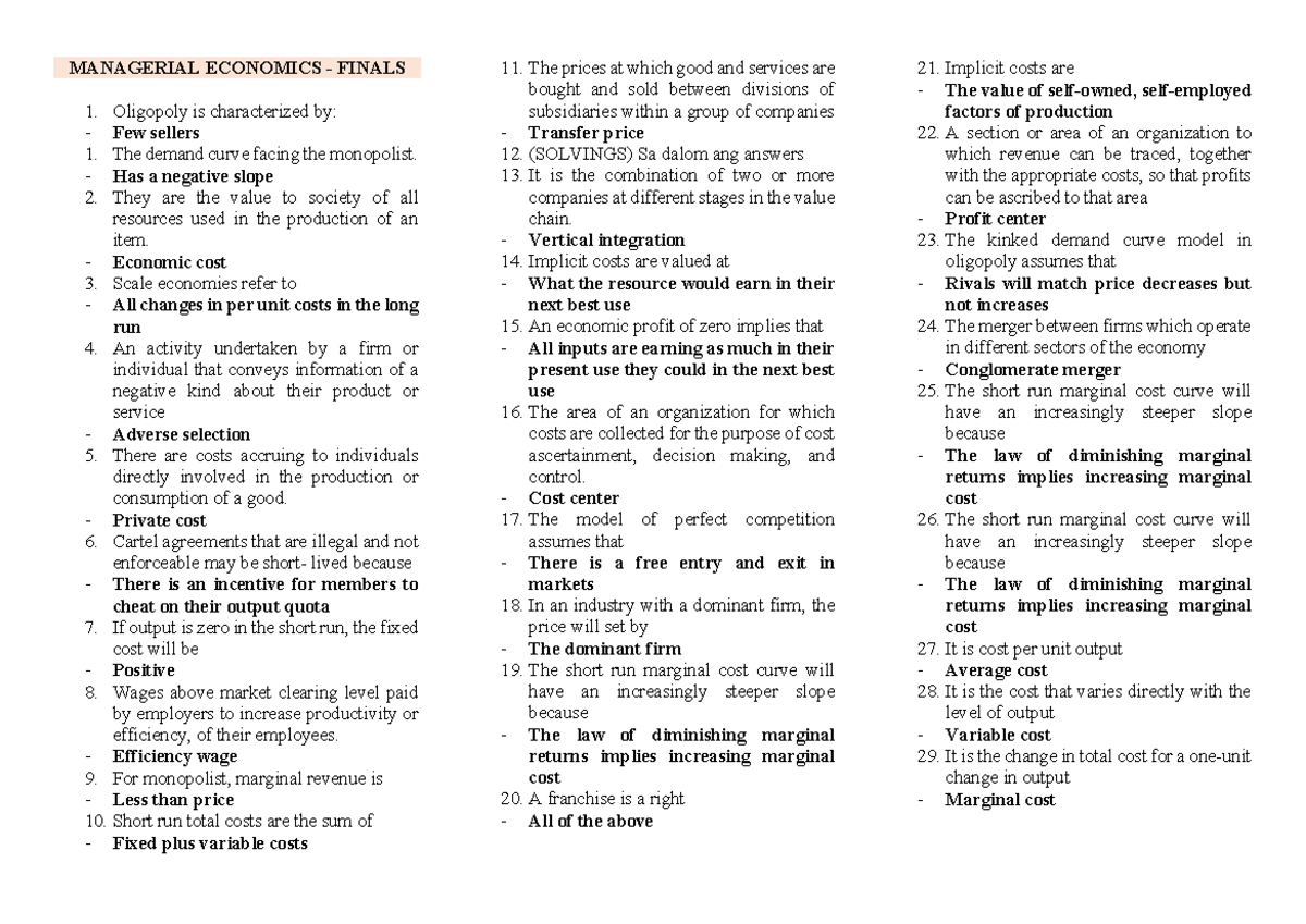ECON- Finals-1 - JGFD - MANAGERIAL ECONOMICS - FINALS Oligopoly is ...