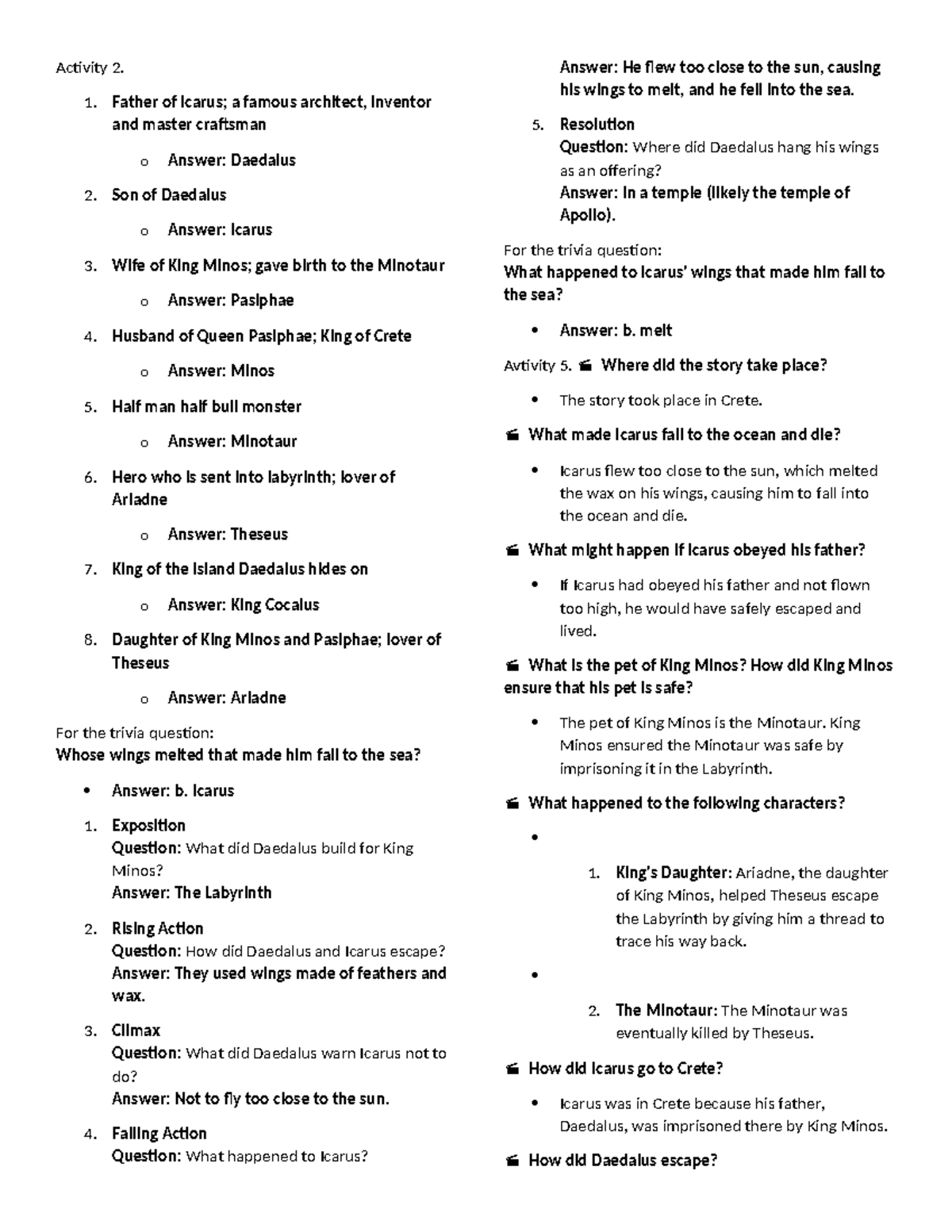 Answer key for activity - Activity 2. 1. Father of Icarus; a famous ...
