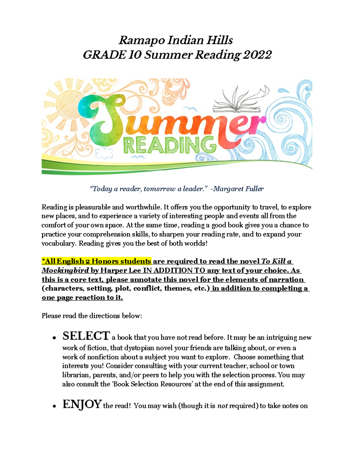 2022 Grade 10 Summer Reading - Ramapo Indian Hills GRADE 10 Summer Reading 2022 “Today a reader ...