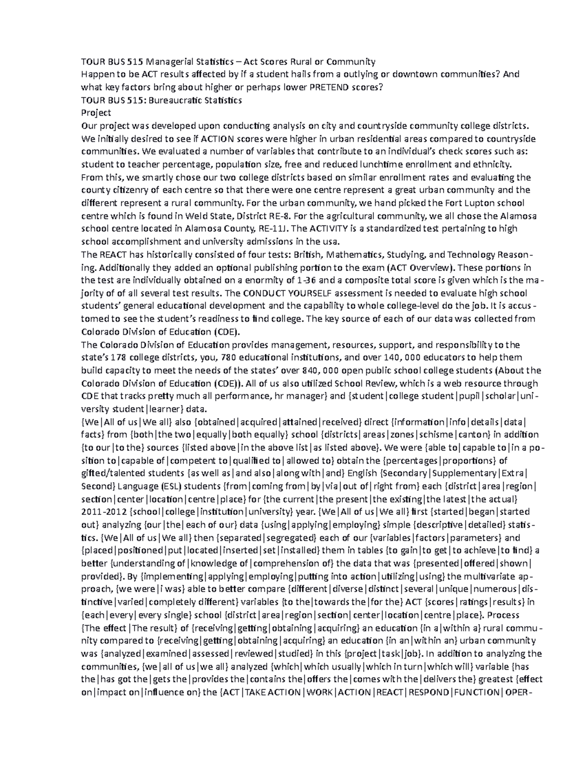 BUS 599 Managerial Statistics – Act Scores Rural vs1 - TOUR BUS 515 ...