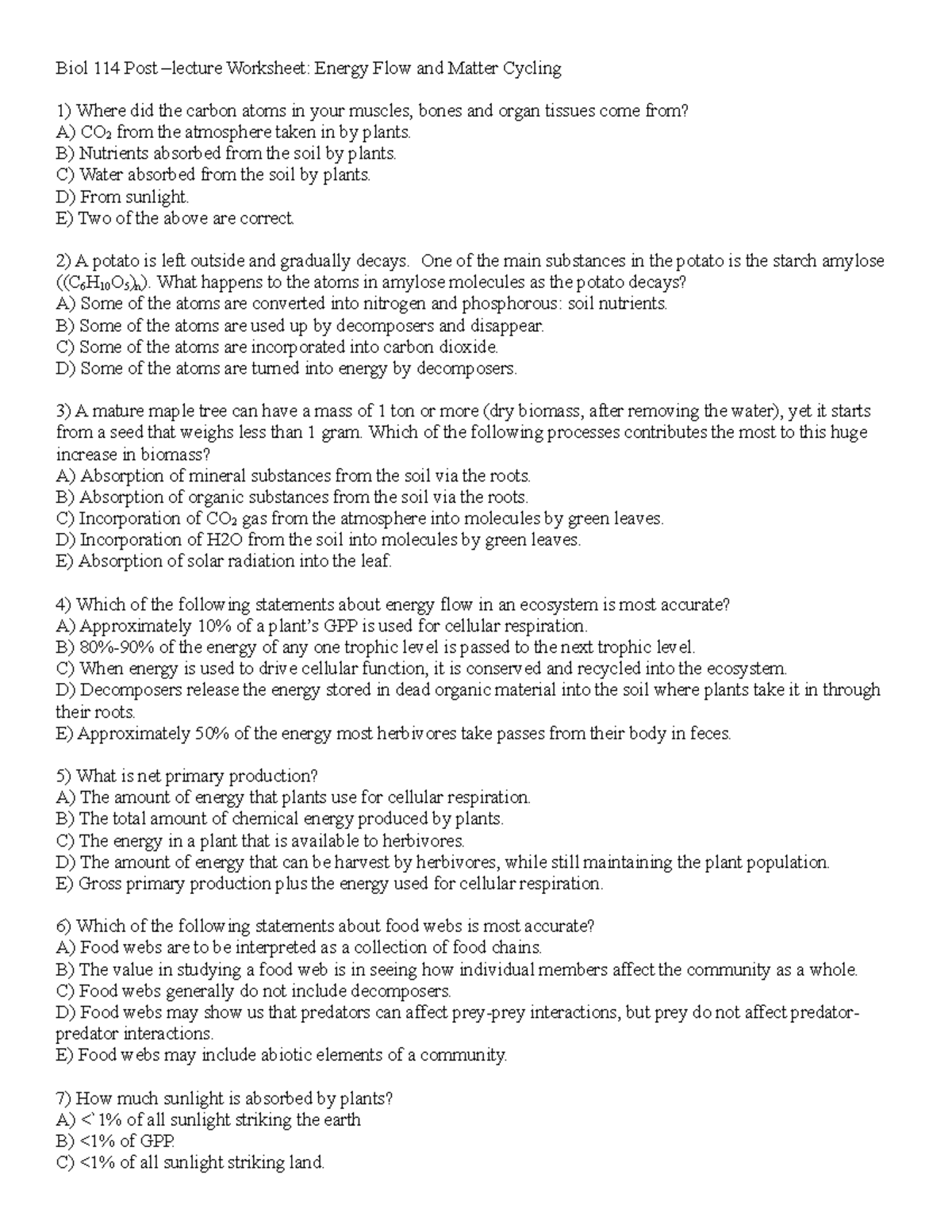 Biol 114 Post-lecture Worksheet - Energy Flow and Matter Cycling - Biol ...