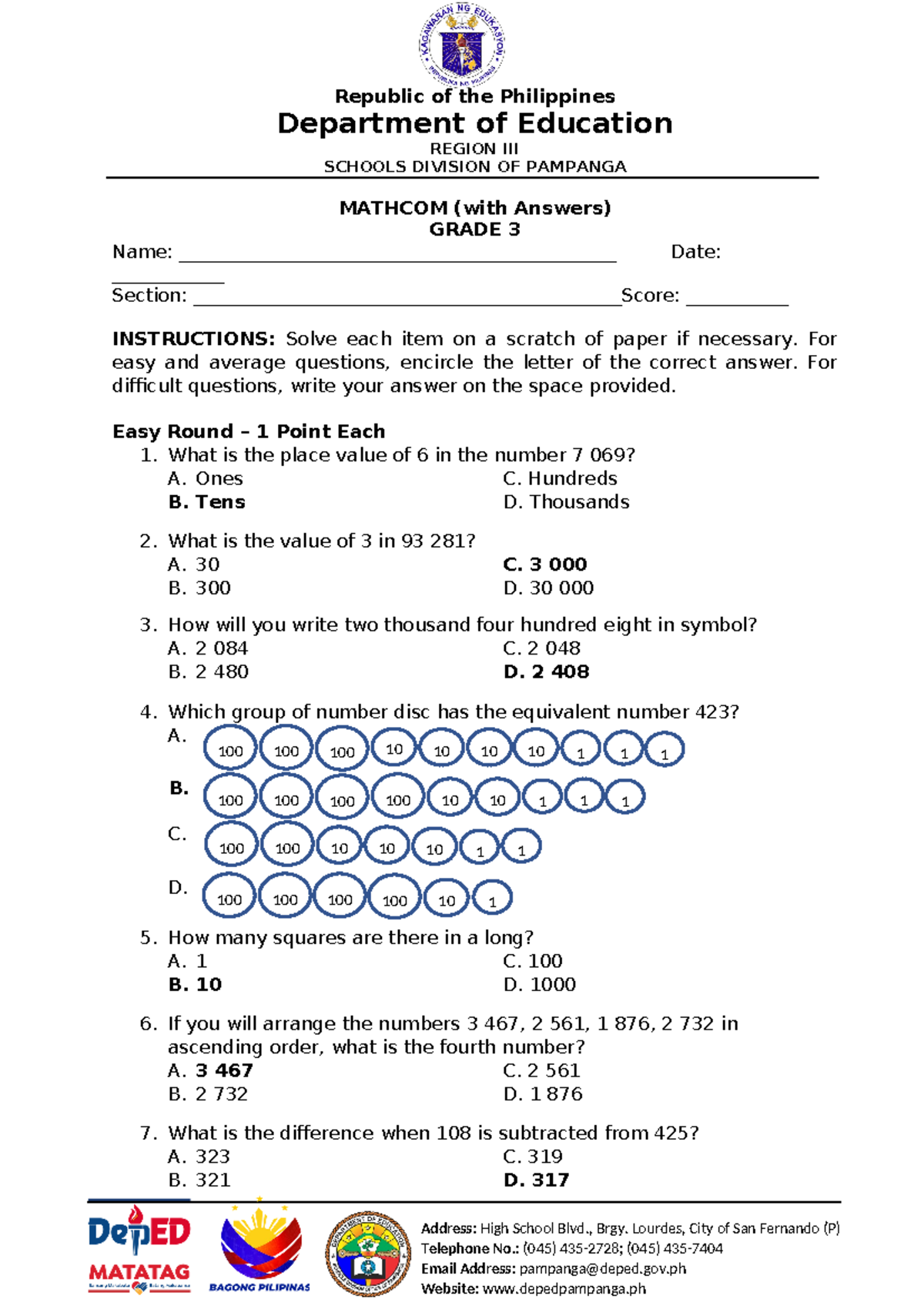 Grade 3 – Math Com -Questions with Answers - 100 100 100 Address: High ...