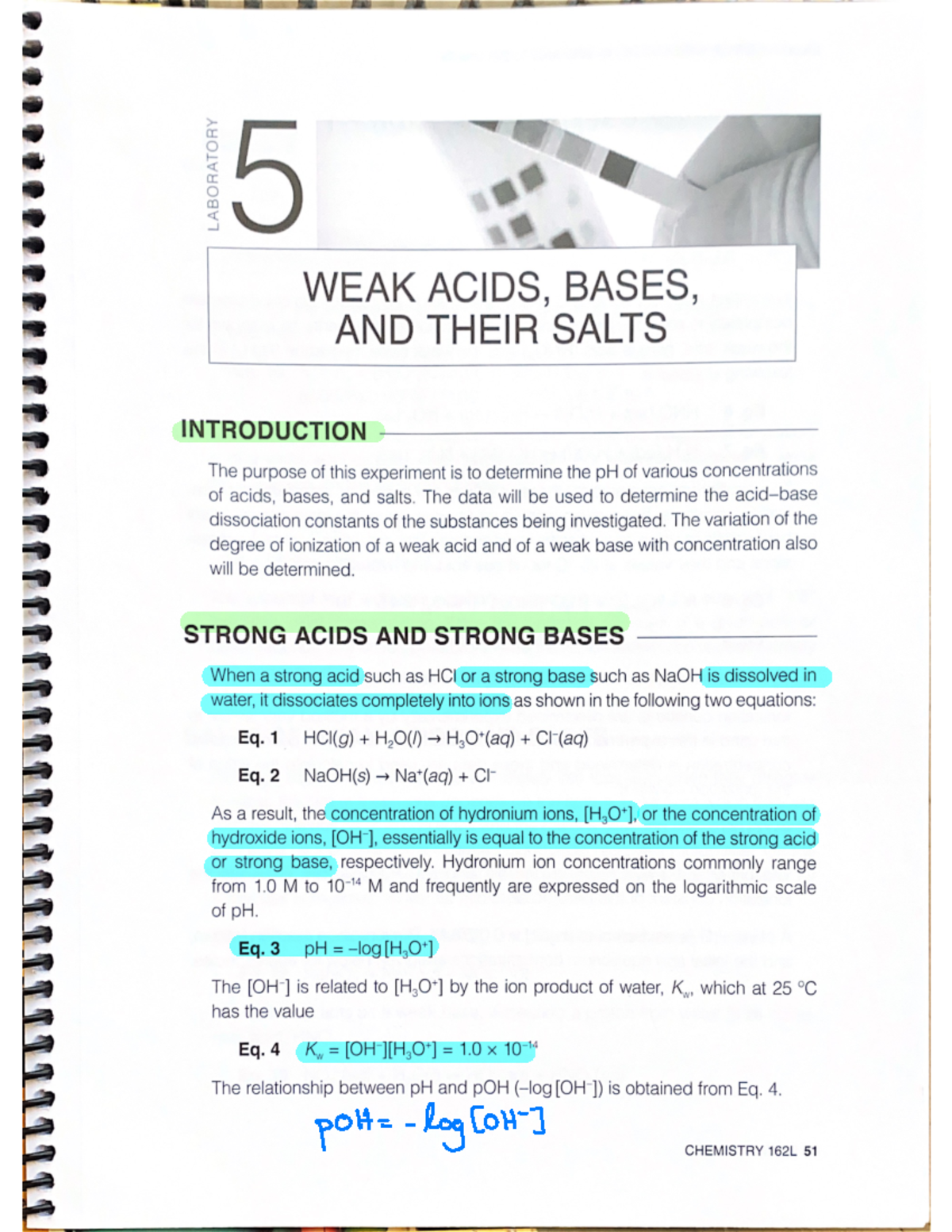 Lab 5 Chem 162 - Chem 162 Lab Manual for Lab 5 - WEAK ACIDS, BASES, AND THEIR SALTS INTRODUCTION ...