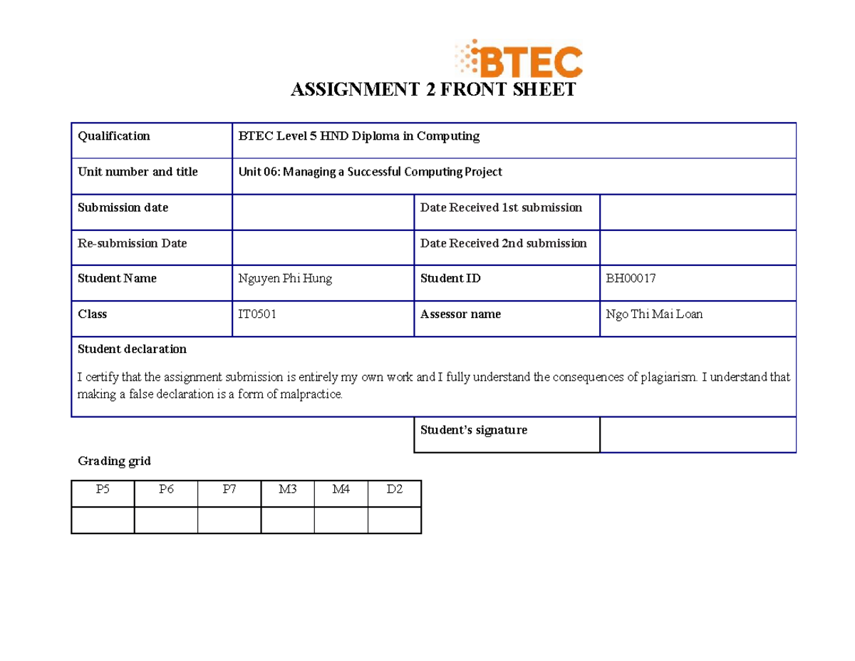 Assignment 2 MSCP Front Sheet - ASSIGNMENT 2 FRONT SHEET Qualification BTEC Level 5 HND Diploma ...