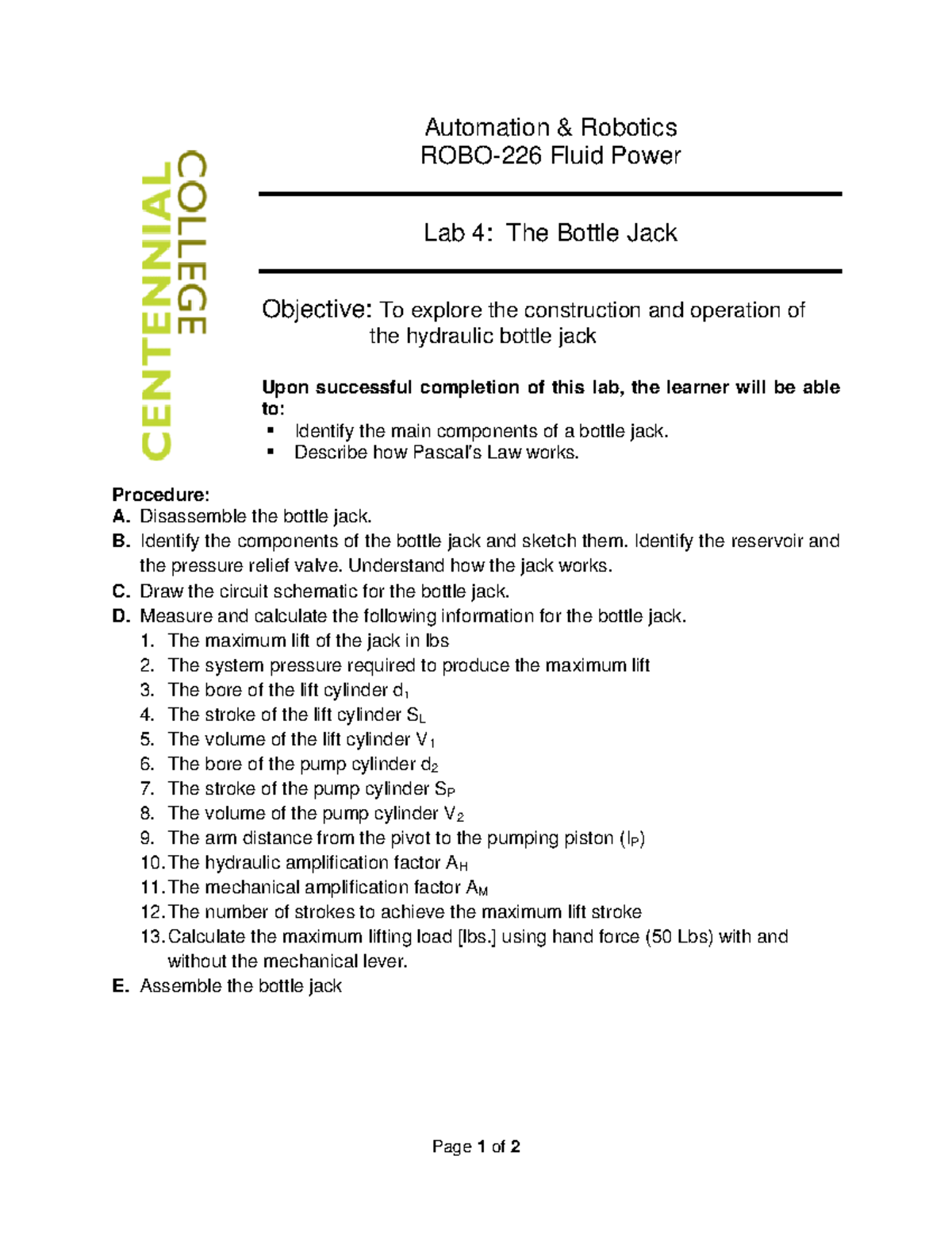 ROBO226 Lab 4 l - Page 1 of 2 Automation & Robotics ROBO-226 Fluid Power Lab 4: The Bottle Jack ...