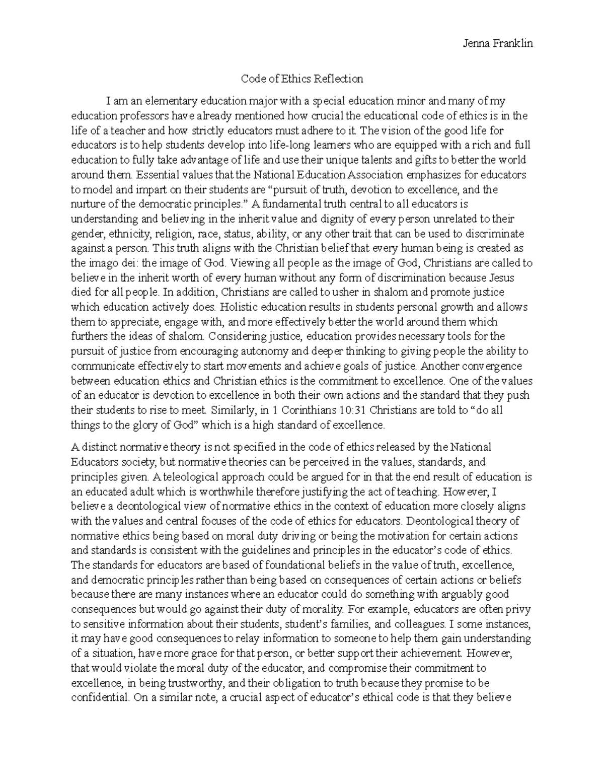 Code of Ethics Reflection - Jenna Franklin Code of Ethics Reflection I ...