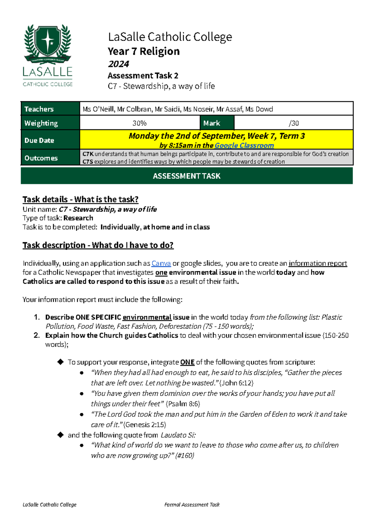 2024 Year 7 CST Assessment Task 2 - Notification - LaSalle Catholic ...