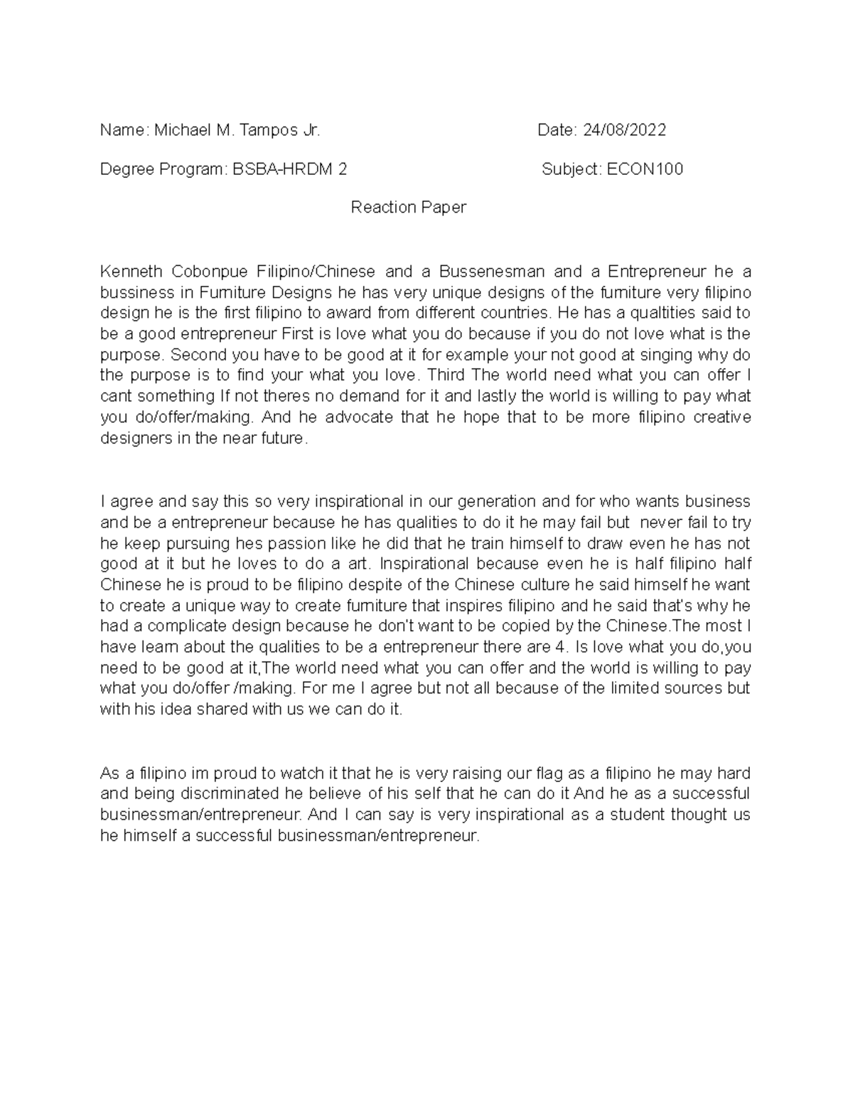 ECON 11 - notes econ - Name: Michael M. Tampos Jr. Date: 24/08/ Degree ...