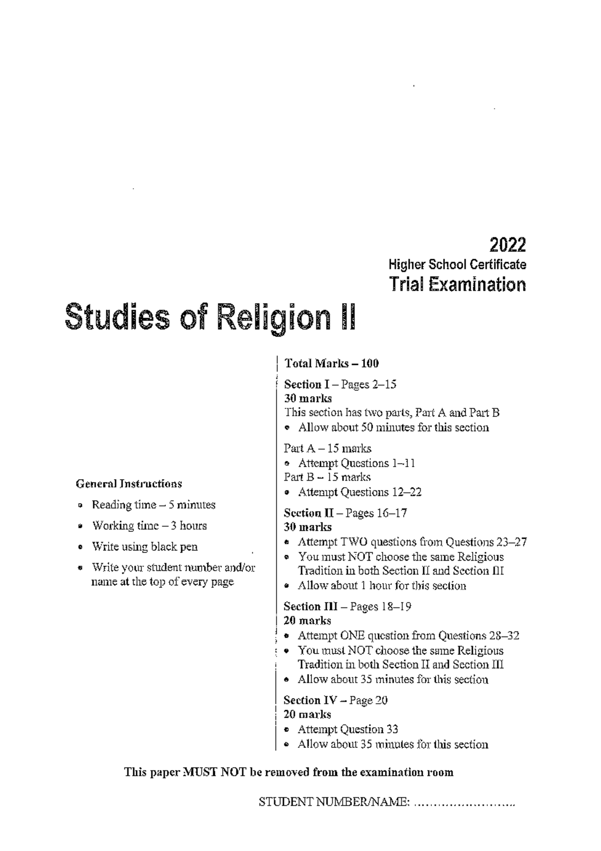 SOR II - 2022 HSC Trial Paper - 2022 Higher School Certificate Trial ...