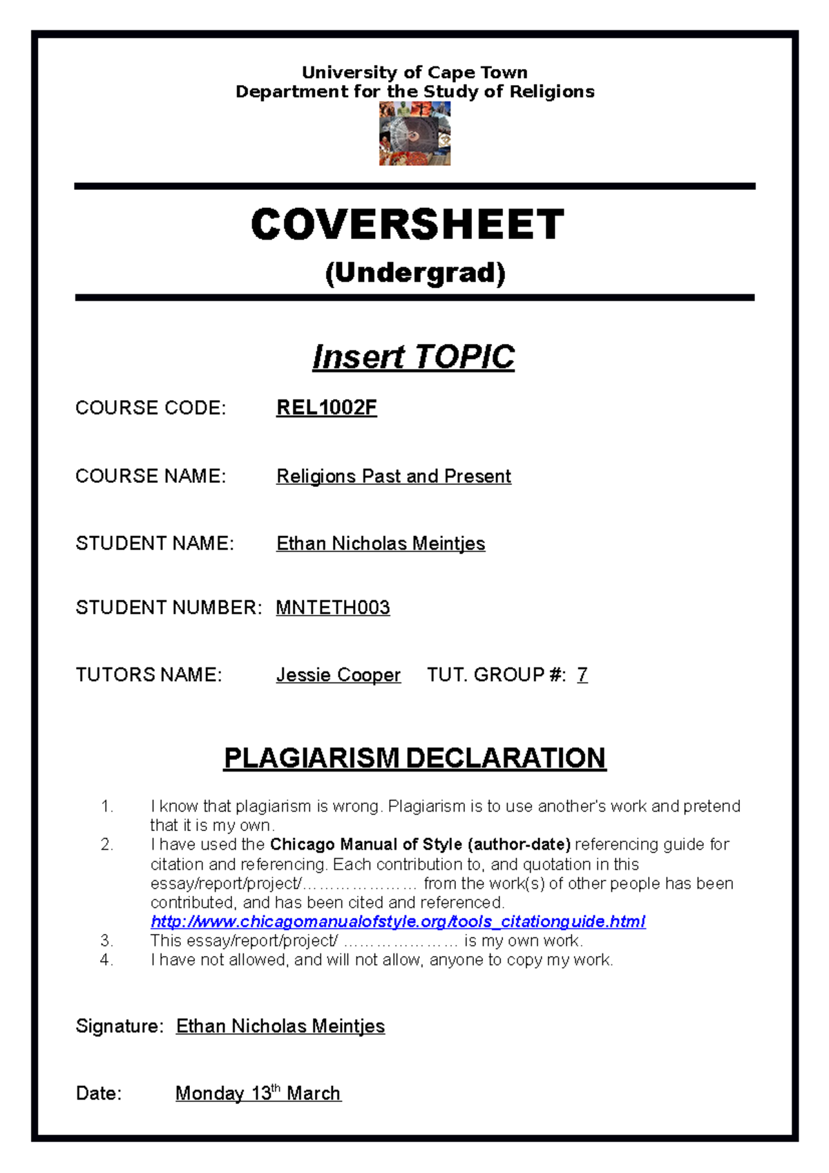 Plagiarism Declaration UG Religion - University of Cape Town Department ...