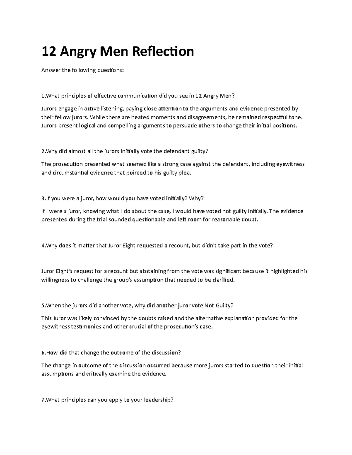 Bus321 document 12Angry Men Reflection - 12 Angry Men Reflection Answer ...