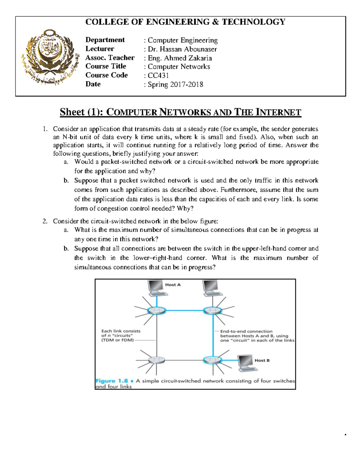 CC431-Sheet 1-Computer Networks and the Internet - Sheet (1): COMPUTER ...
