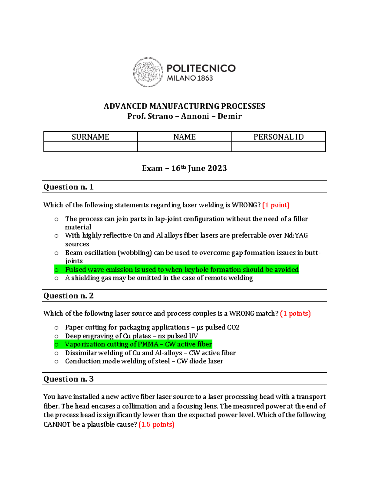 AMP Exam Solutions 2023 06 16 - Advanced manufacturing processes ...