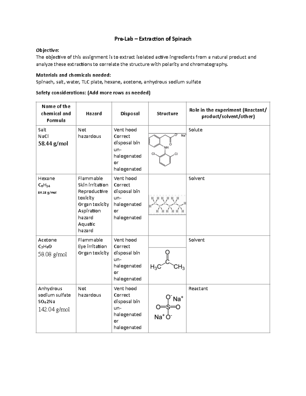 Prelab Spinach Complete - Pre-Lab – Extrac of Spinach Objec: The objec)ve of this assignment is ...