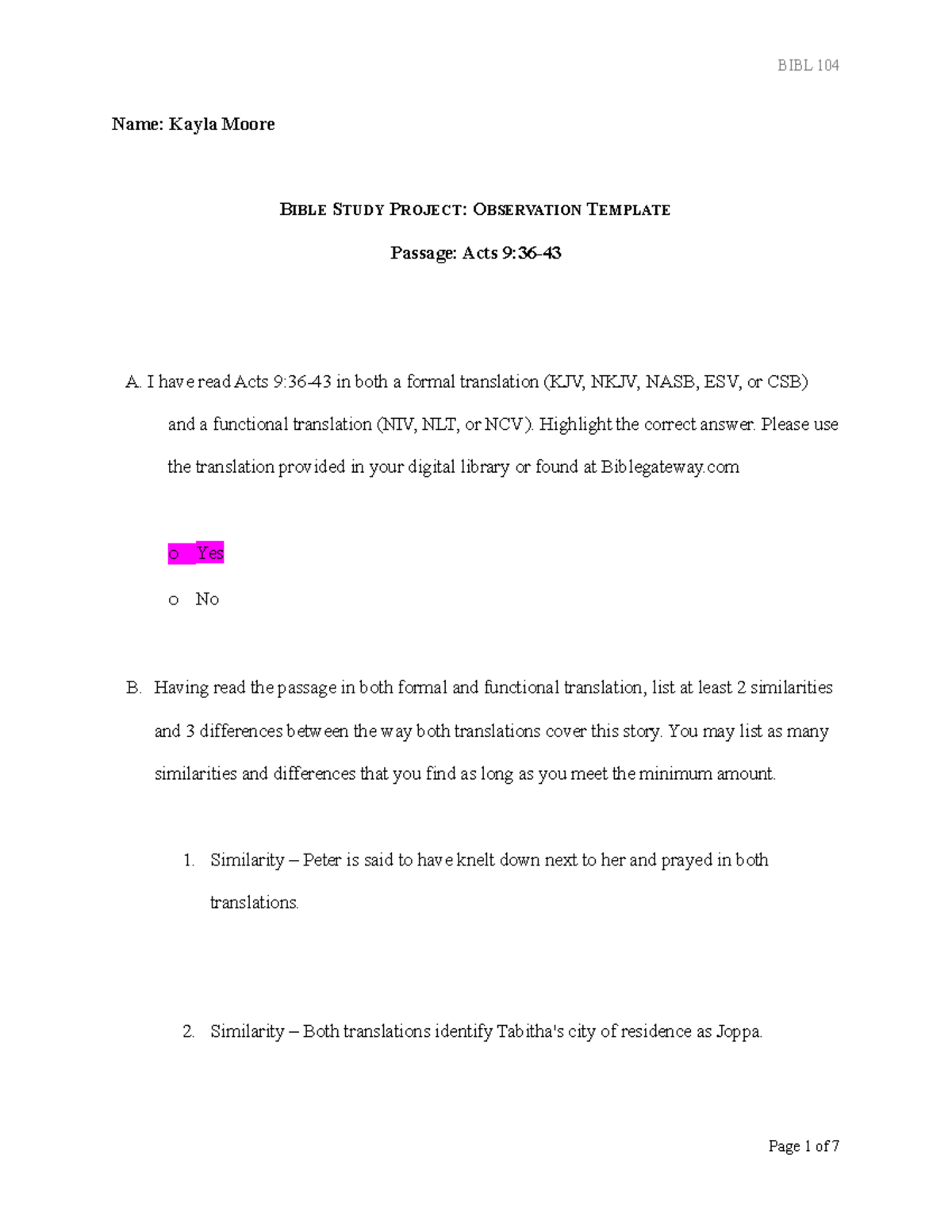 Bible Study Project Observation project - Name: Kayla Moore BIBLE STUDY ...