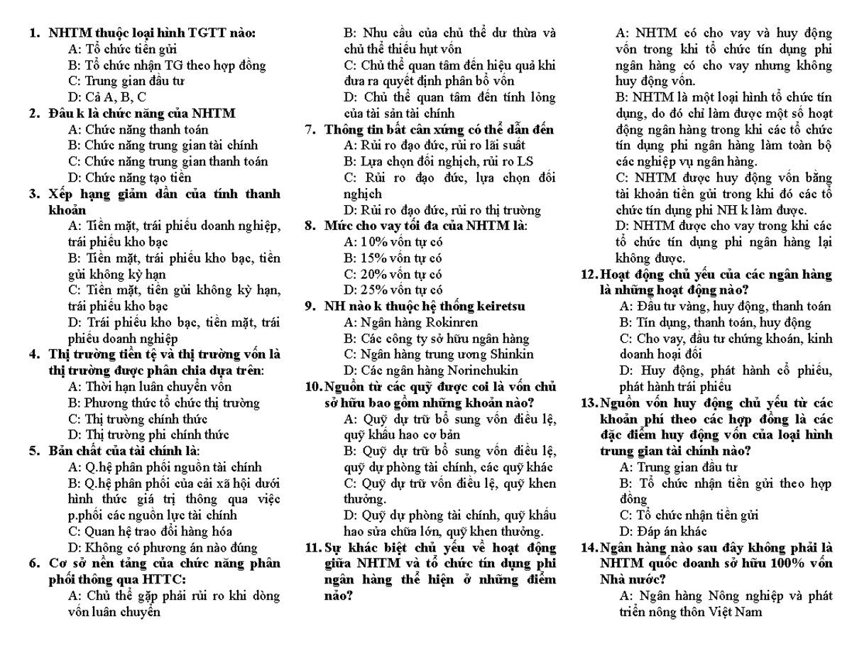 CÂU HỎI ÔN TẬP NHTM lần 1 từ C1 đến C3 - NHTM thuộc loại hình TGTT nào ...