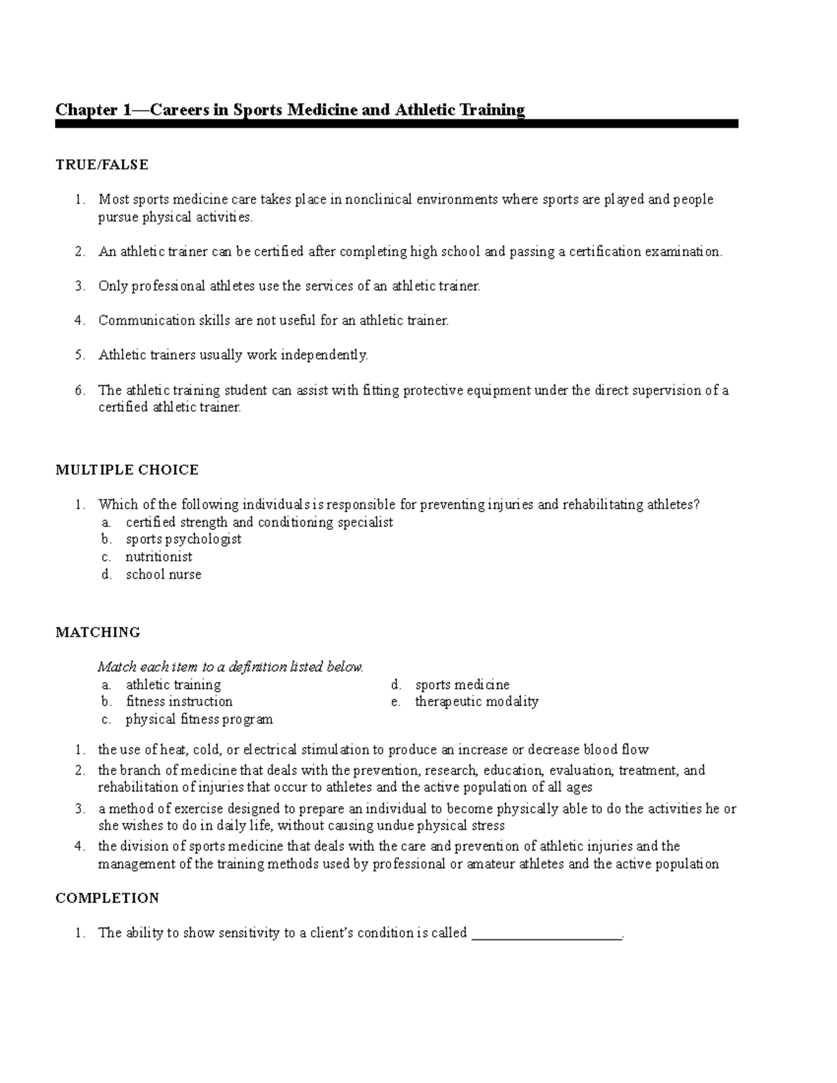 Chapter 1-Careers in Sports Medicine and Athletic Training 1 - Chapter ...