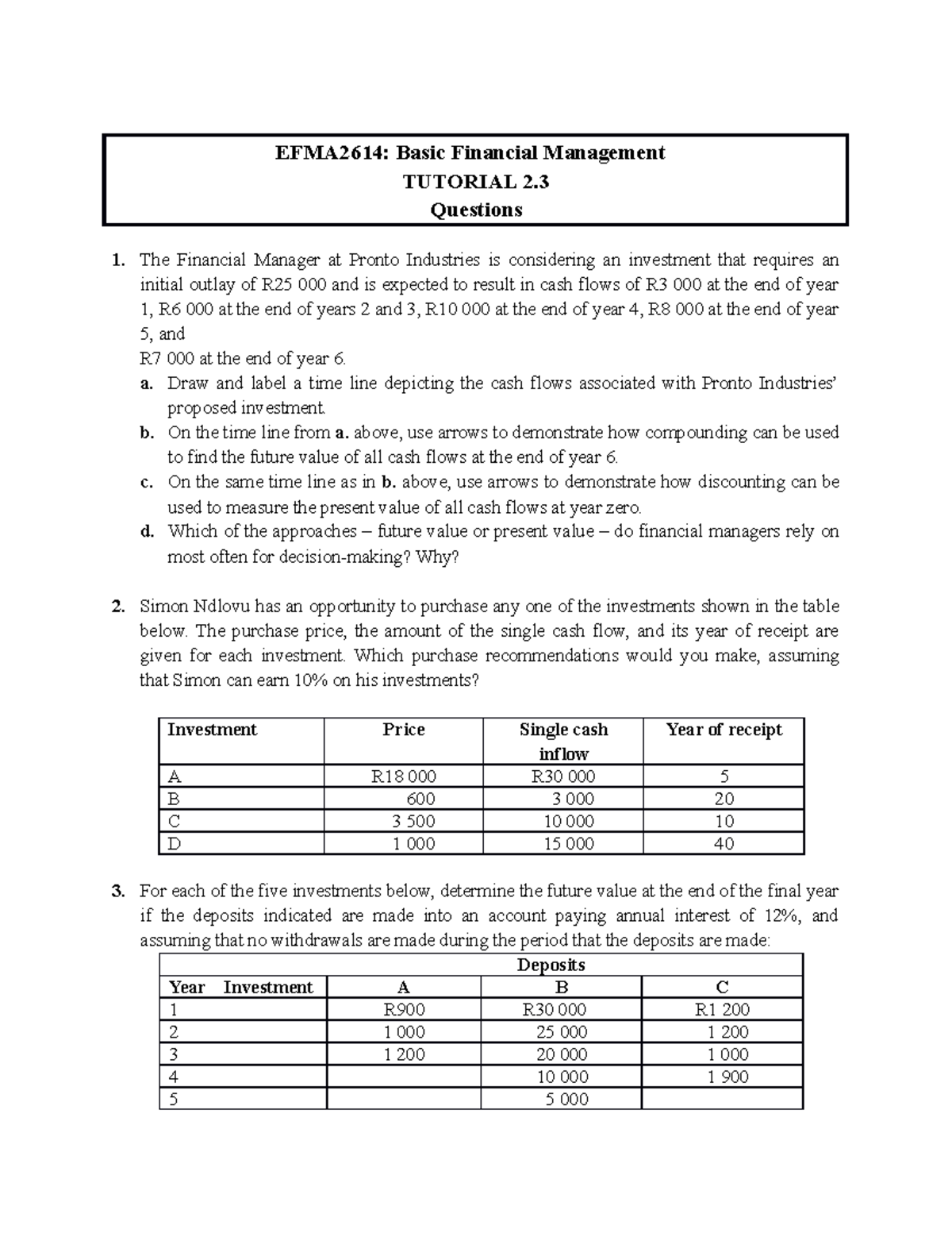 Tutorial 2 - mandatory assignment - EFMA2614: Basic Financial ...