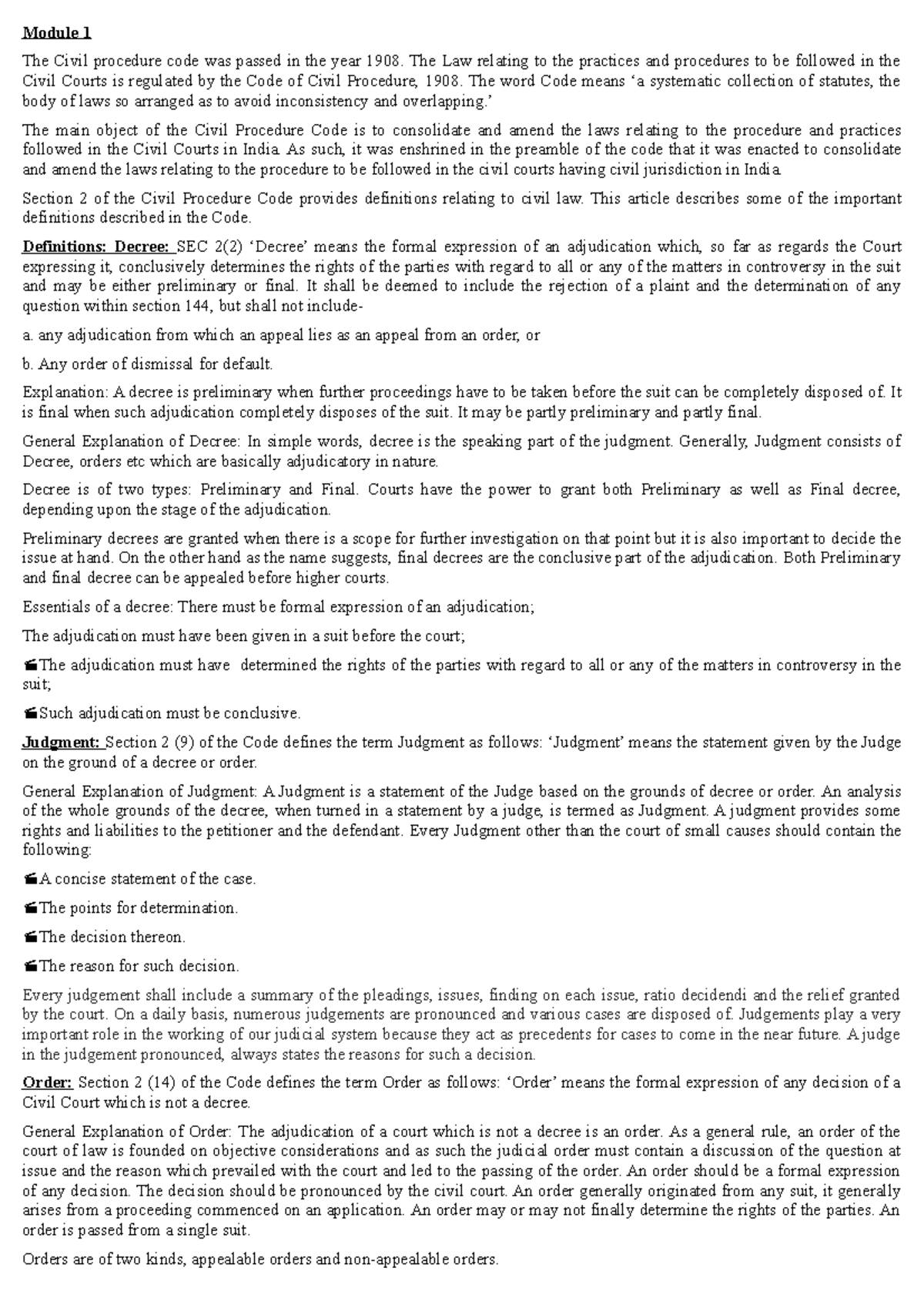 module 1 all about CPC - Module 1 The Civil procedure code was passed ...