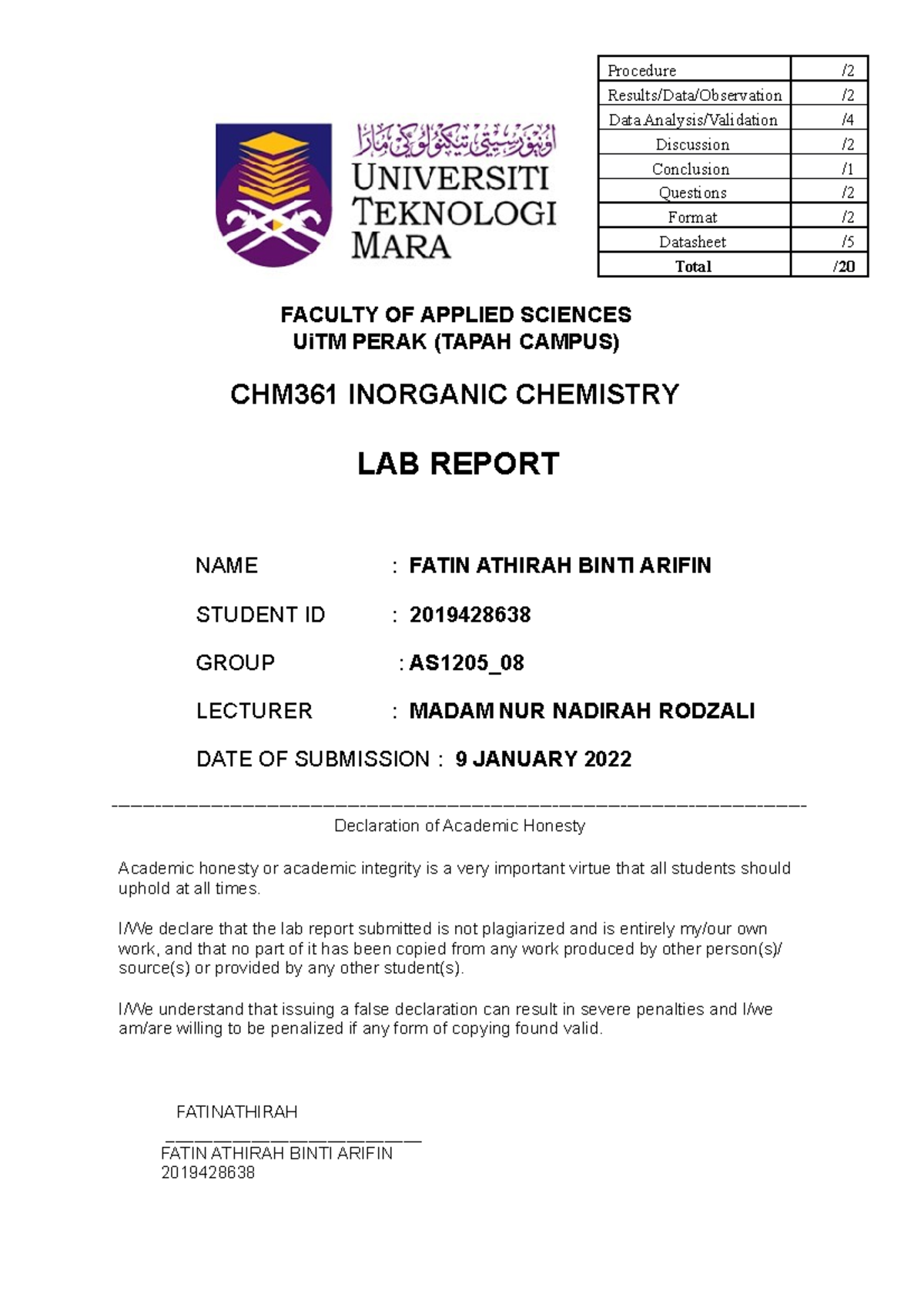 EXP1 chm 361 final answer uitm mara - FACULTY OF APPLIED SCIENCES UiTM PERAK (TAPAH CAMPUS ...