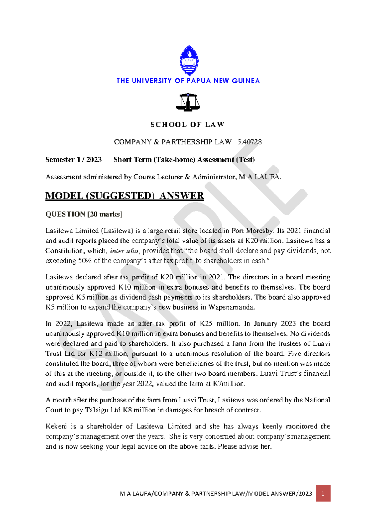 CPL Test 2023 model answer 023651 - THE UNIVERSITY OF PAPUA NEW GUINEA ...