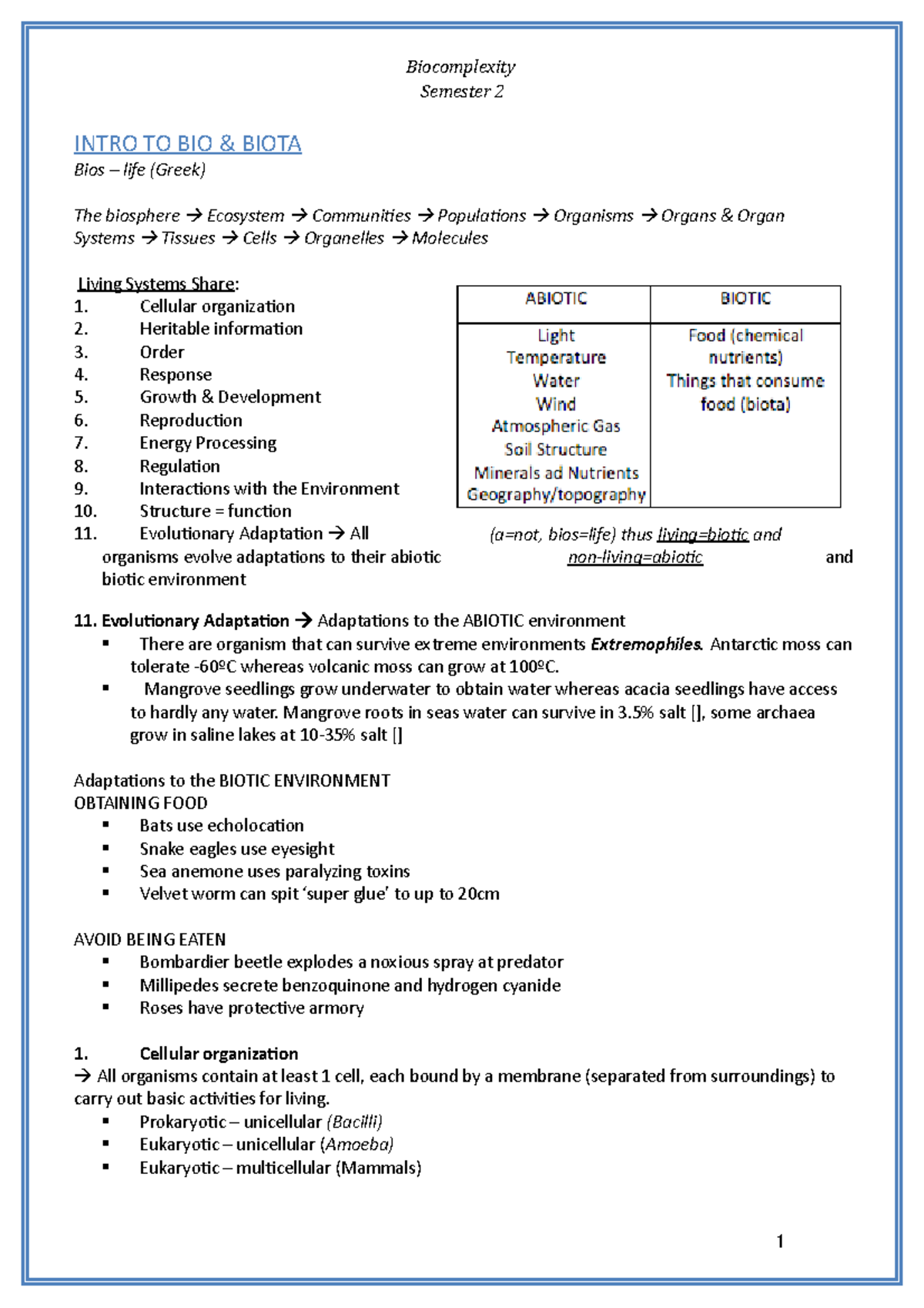 Biocomplexity Lectures 1-3 - Biocomplexity Semester 2 INTRO TO BIO ...