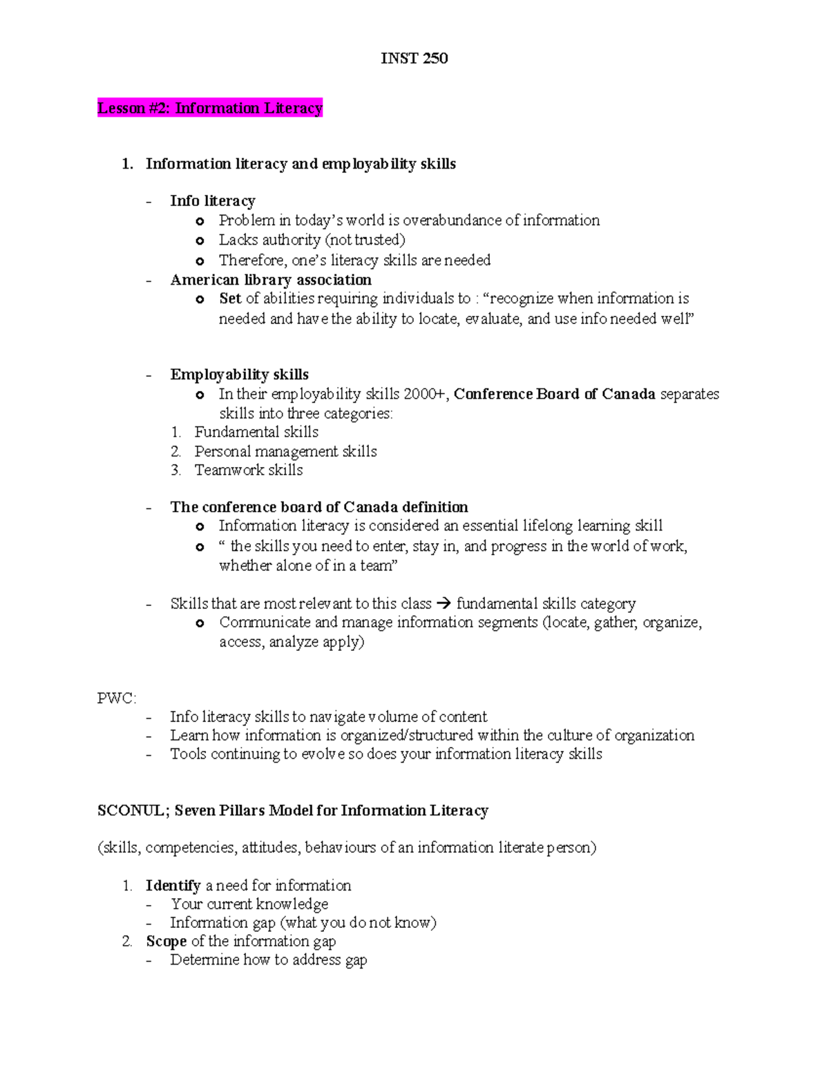 INST250 Notes - INST 250 Lesson #2: Information Literacy 1. Information ...