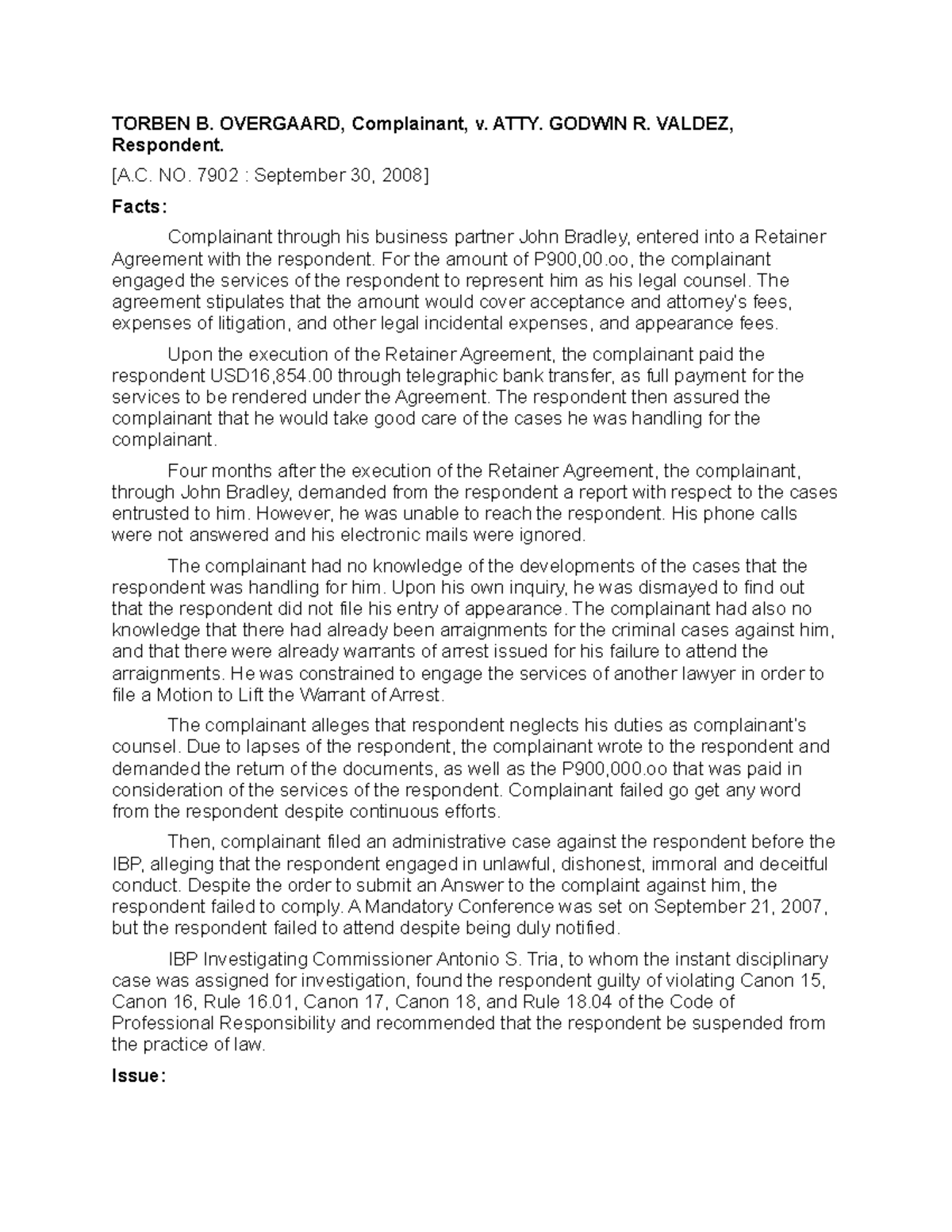 Overgaard v. Valdez - Case Digest. Lawyer's Oath. Canons of ...