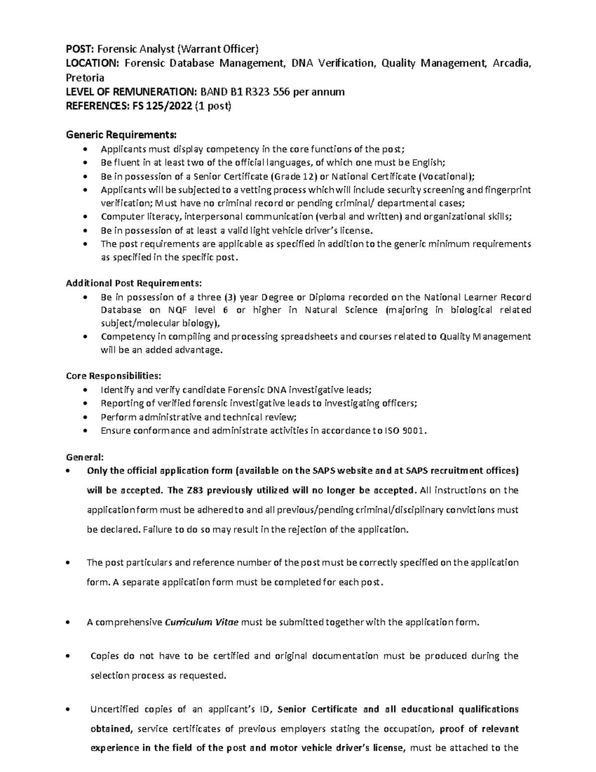 FS 125 Pretoria - SAPS Application - POST: Forensic Analyst (Warrant ...