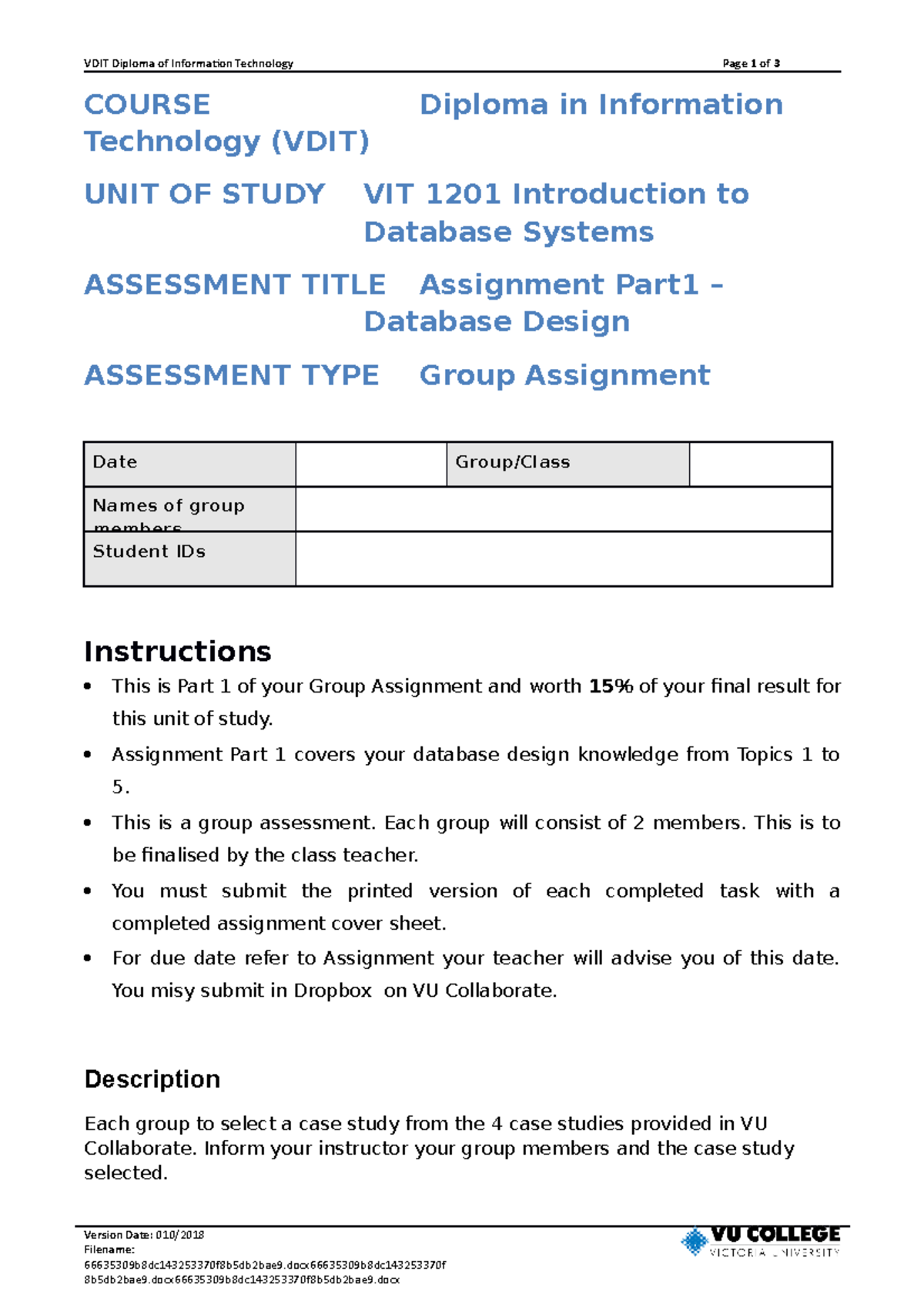 Assignment Specification Part 1 - Copy - VDIT Diploma of Information Technology Page 1 of 3 ...