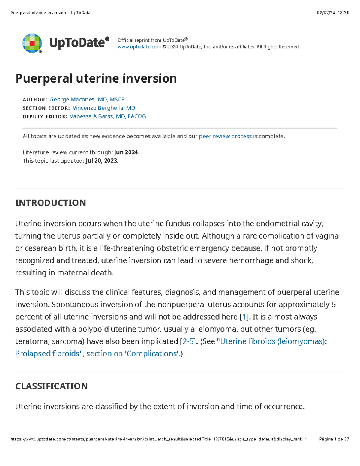 Puerperal uterine inversion - Up To Date - - Studocu