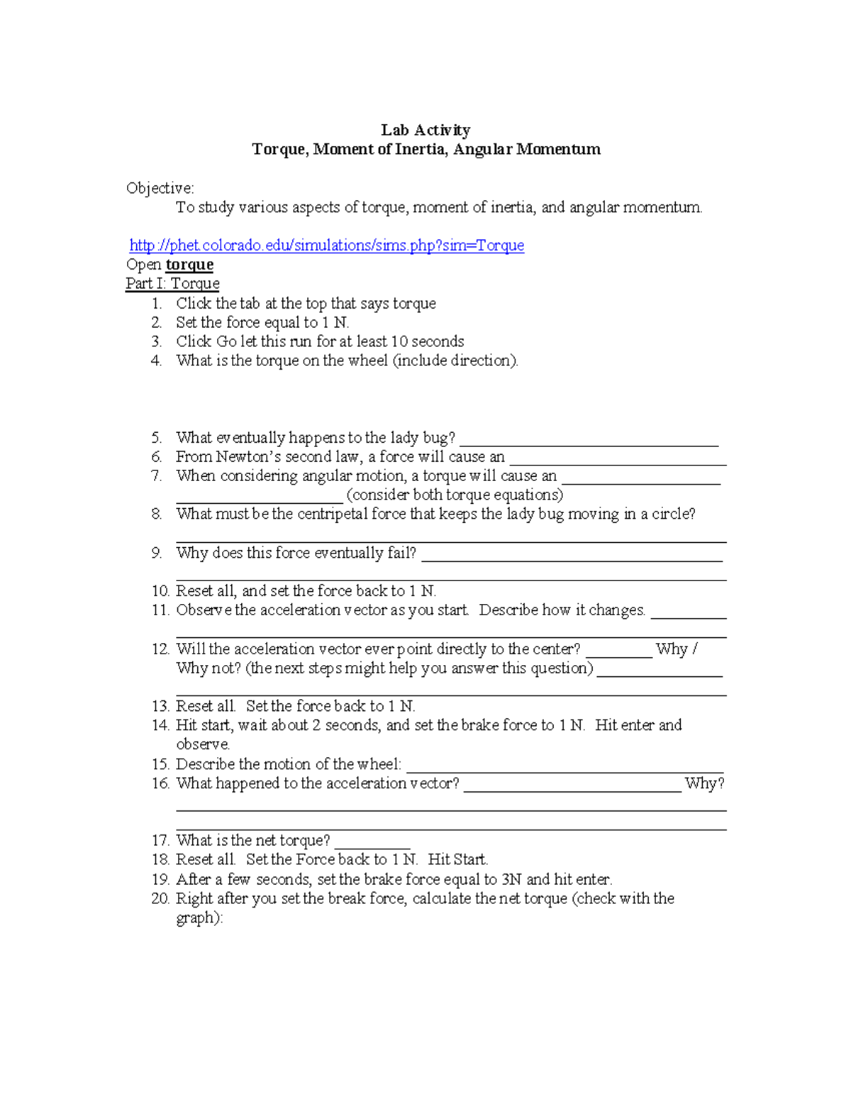 Lab Activity Torque Moment of Inertia Ang momentum - Lab Activity Torque, Moment of Inertia ...