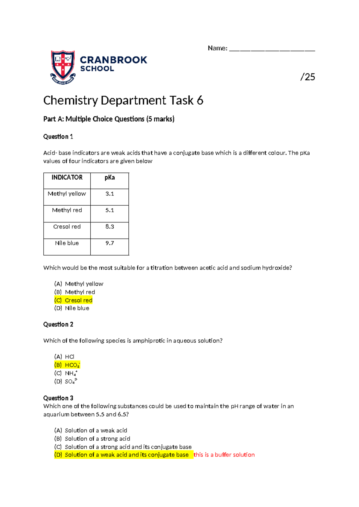 Task 6 Answers - Cranbrook topic tests - Name ...