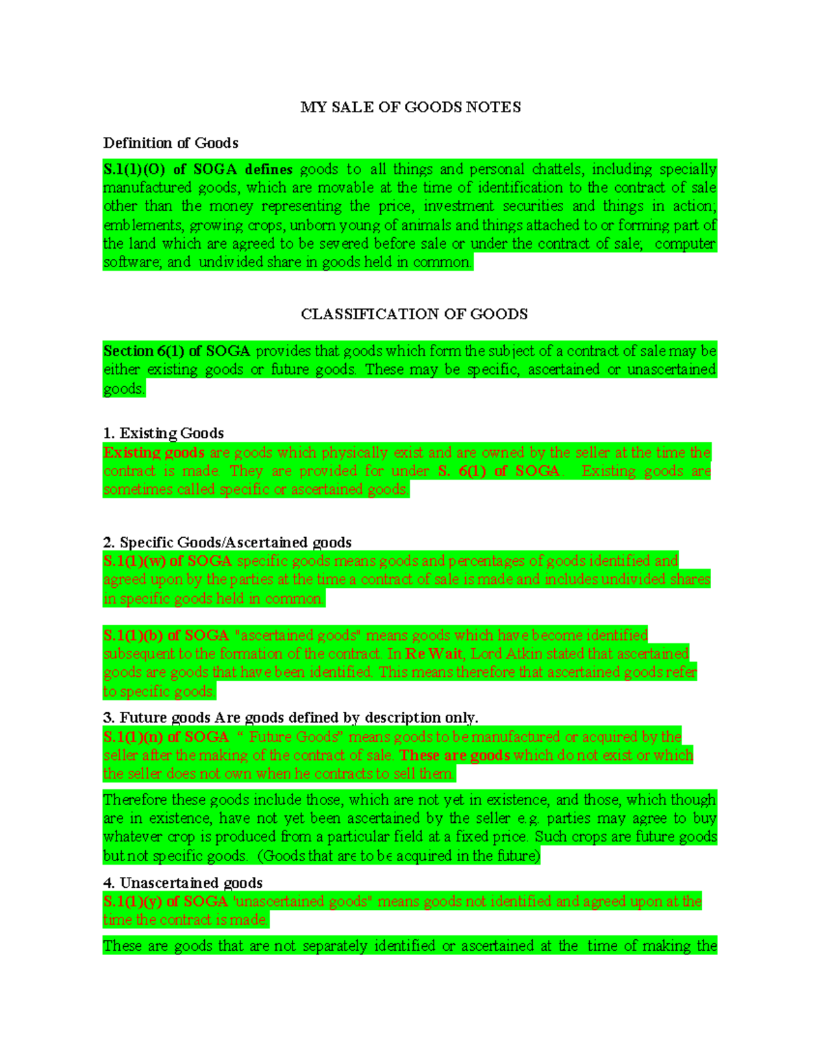 MY SALE OF Goods Final COPY - MY SALE OF GOODS NOTES Definition of ...